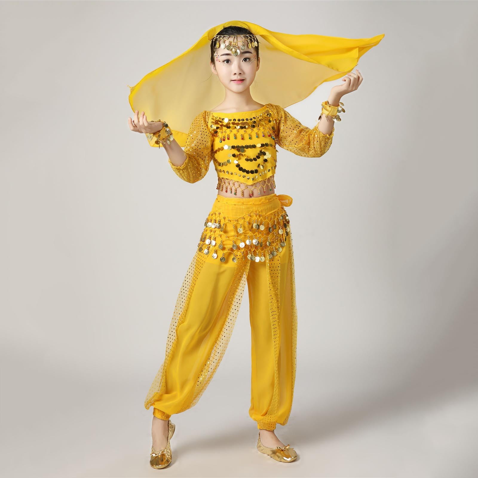 hengsof Children's Solid Color Dance Clothing Fashionable Sequined Long ...