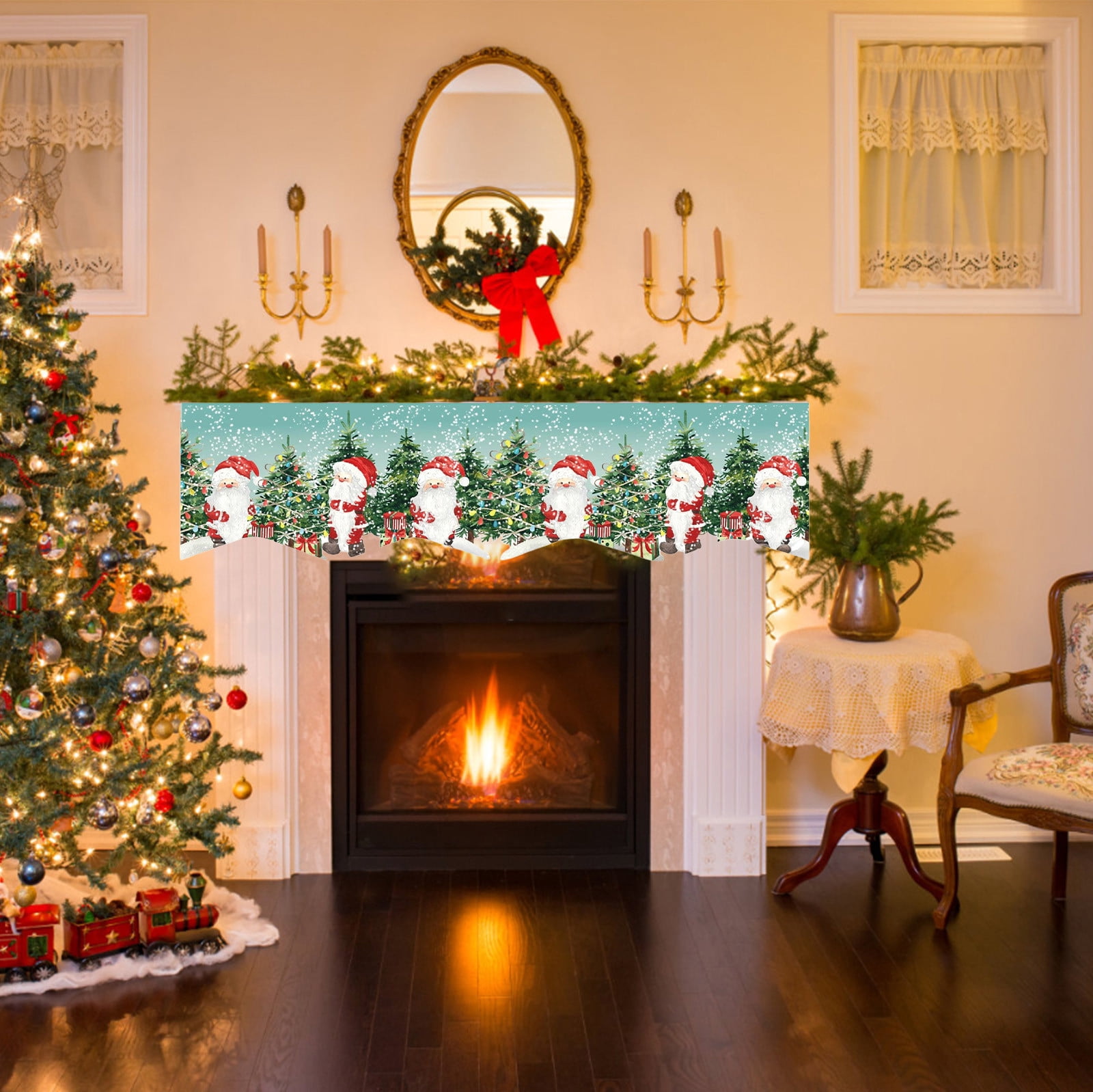 hengsof Christmas Fireplace Mantle Banner Fabric Background Scarf ...