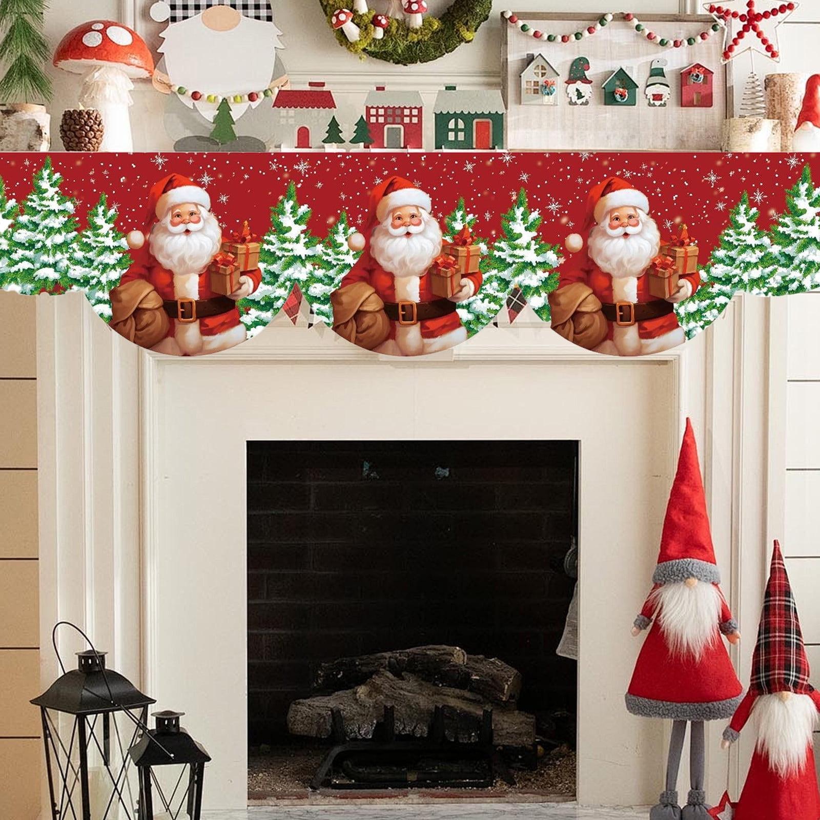 hengsof Christmas Fireplace Mantle Banner Fabric Background Scarf ...