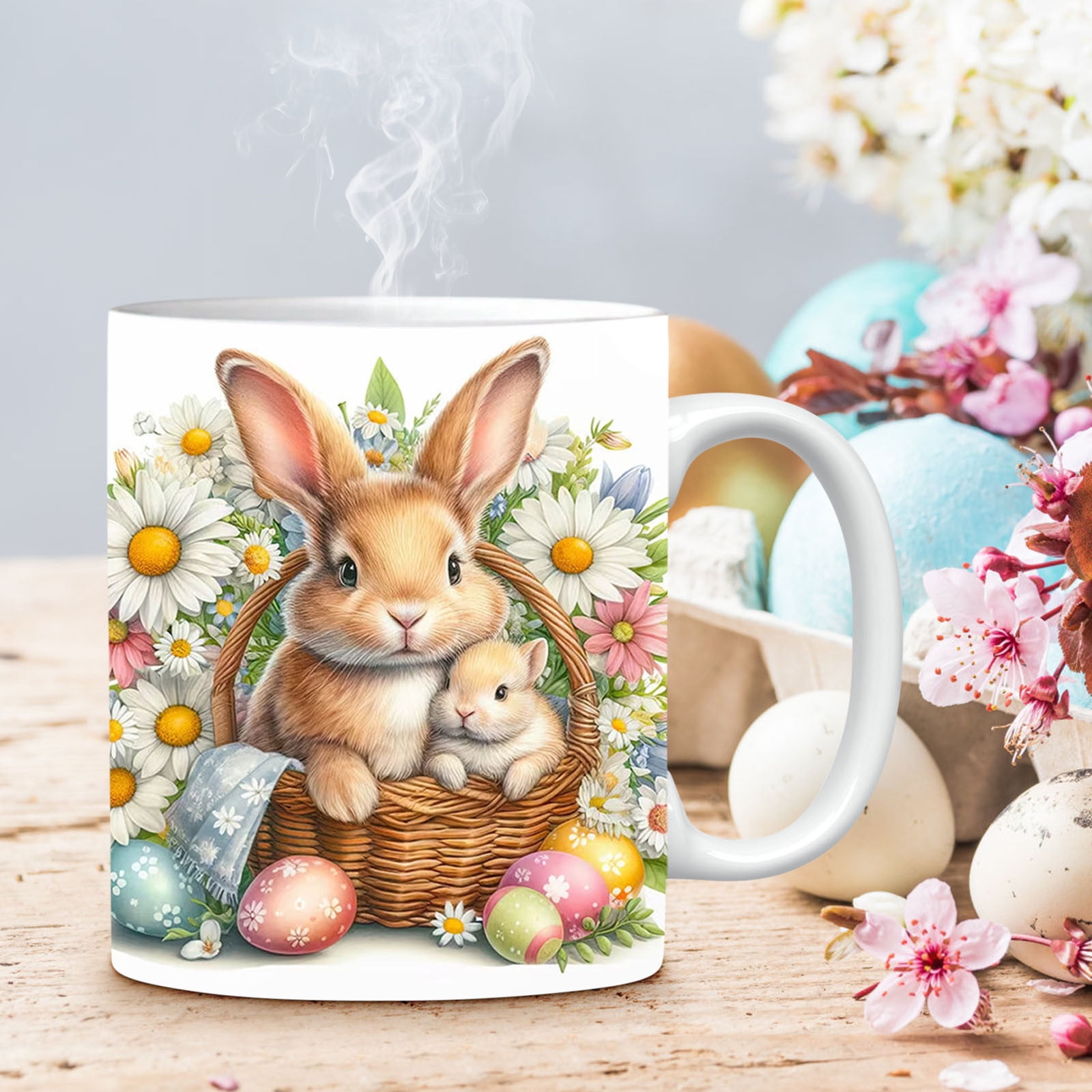 hengsof Easter Mugs Bunny Rabbit Ceramic Coffee Mugs Pink White Holiday ...
