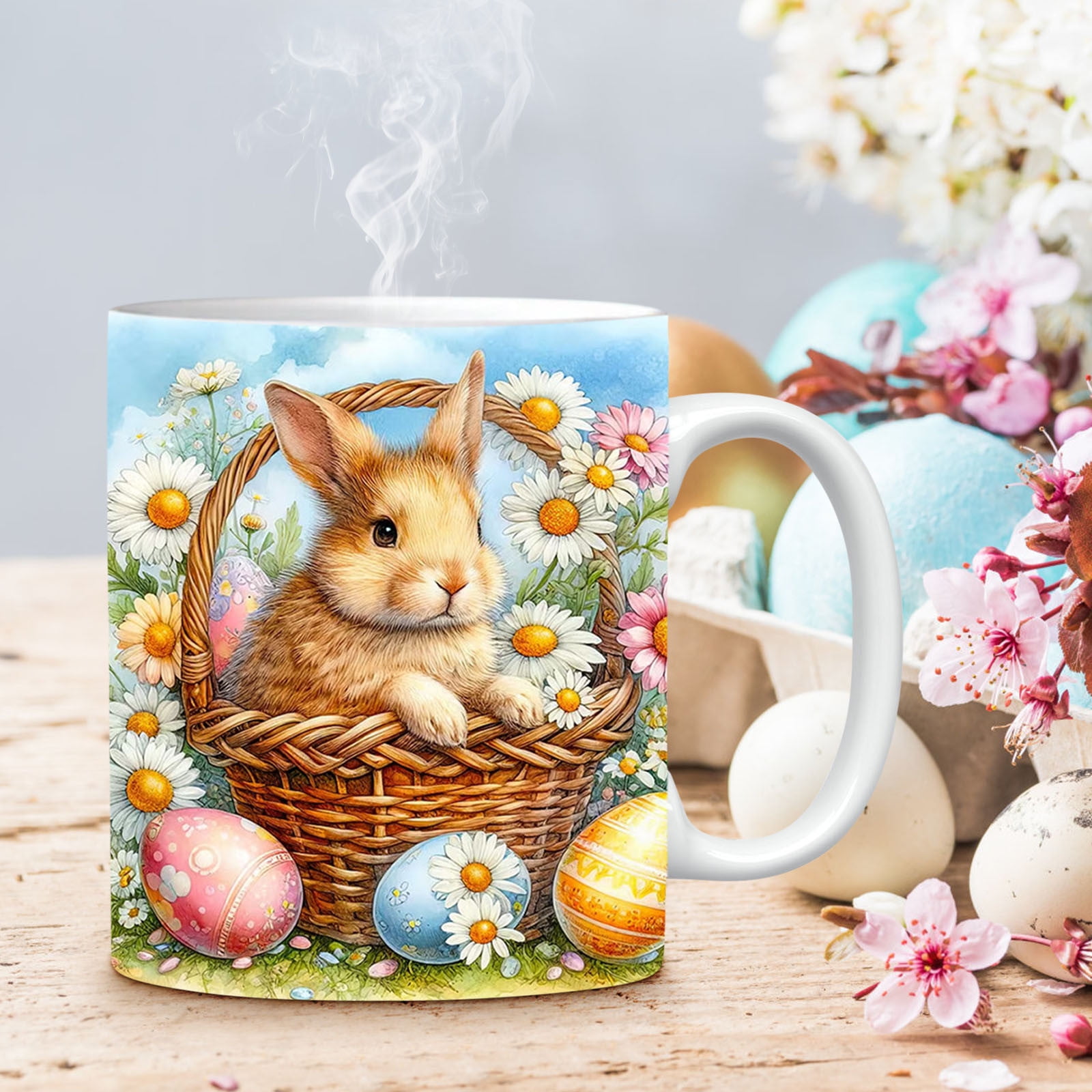 hengsof Easter Mugs Bunny Rabbit Ceramic Coffee Mugs Pink White Holiday ...