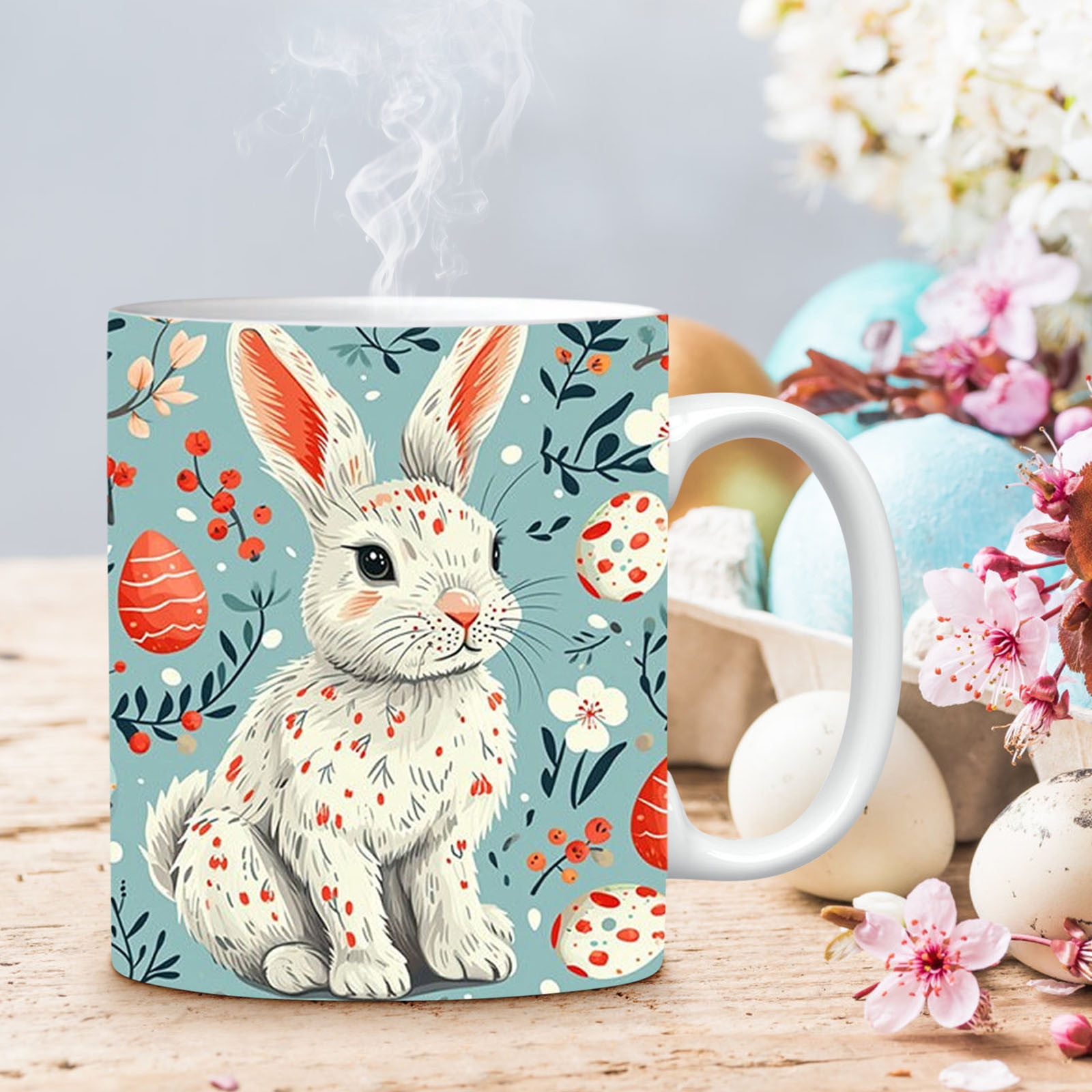 hengsof Easter Mugs Bunny Rabbit Ceramic Coffee Mugs Pink White Holiday ...