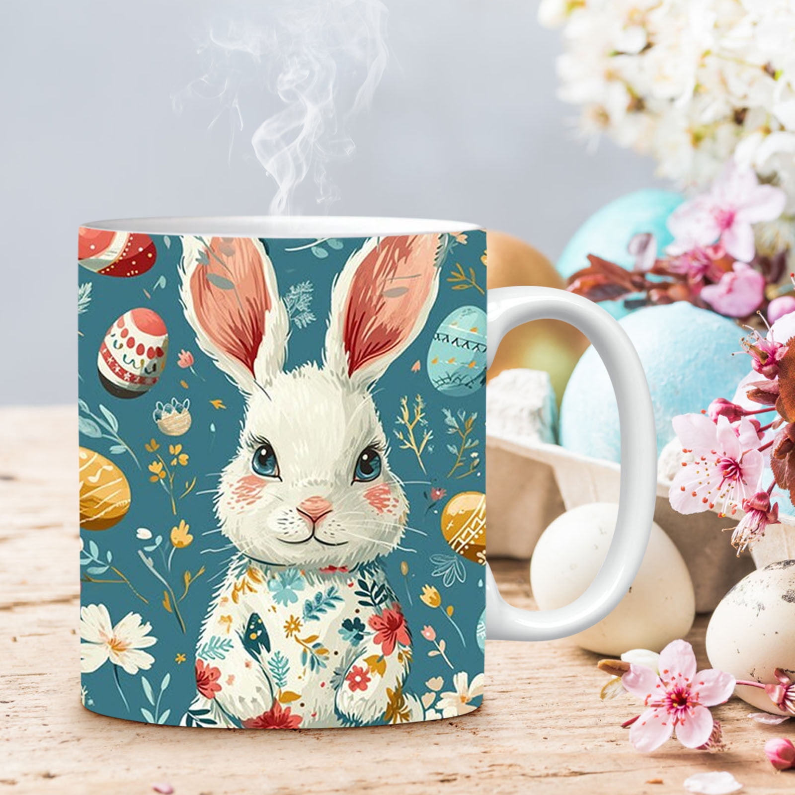 hengsof Easter Mugs Bunny Rabbit Ceramic Coffee Mugs Pink White Holiday ...