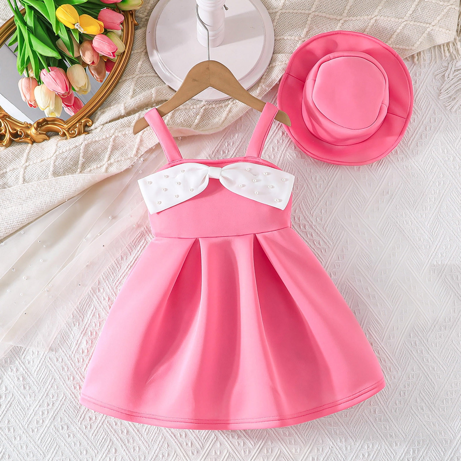 hengsof Girls 2 Piece Dress Set Girl Bow Sleeveless Suspender Dress ...