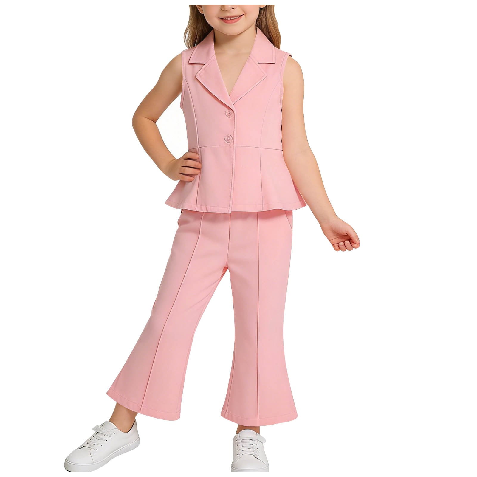 hengsof Girls 2 Piece Set Girls Button Lapel Sleeveless Top Flared ...