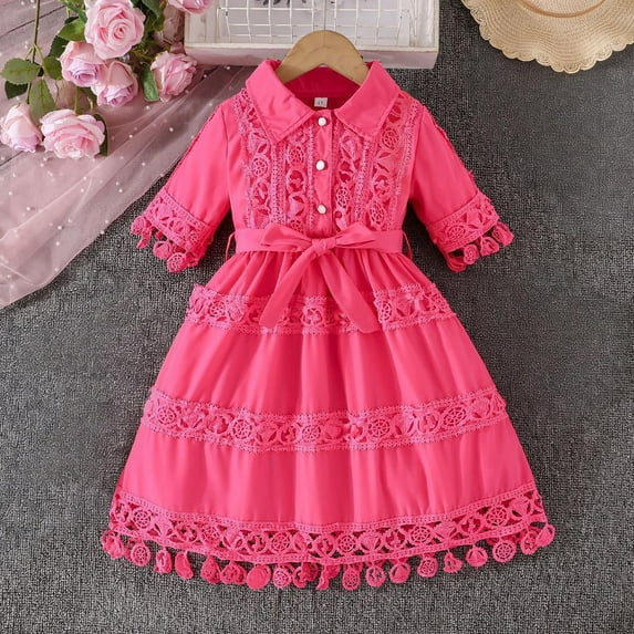 hengsof Girls Dress Lapel Button Short Sleeve Lace Dress Fashionable ...