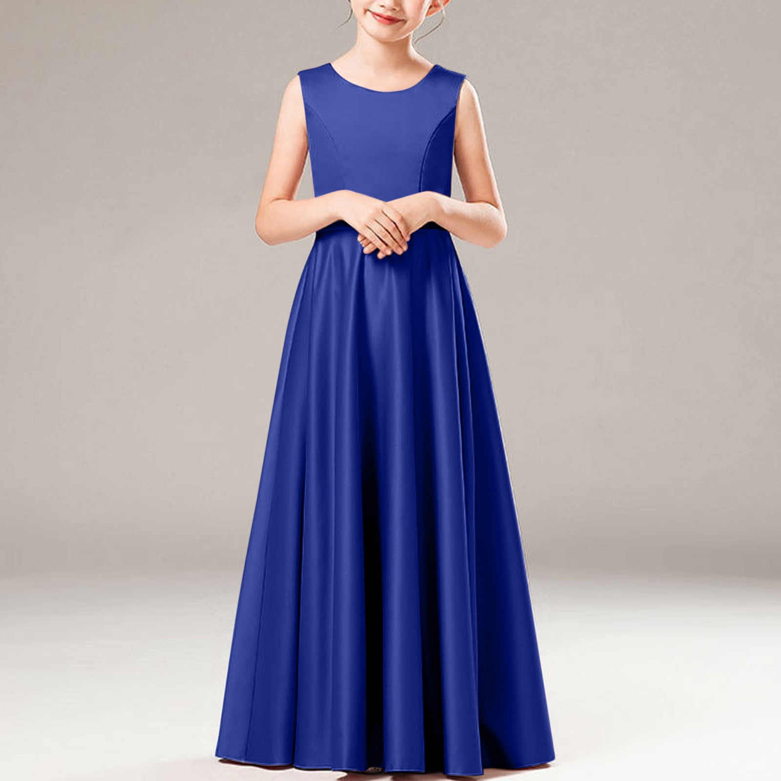 hengsof Girls Formal Gown Solid Color Sleeveless Round Neck Long Party ...