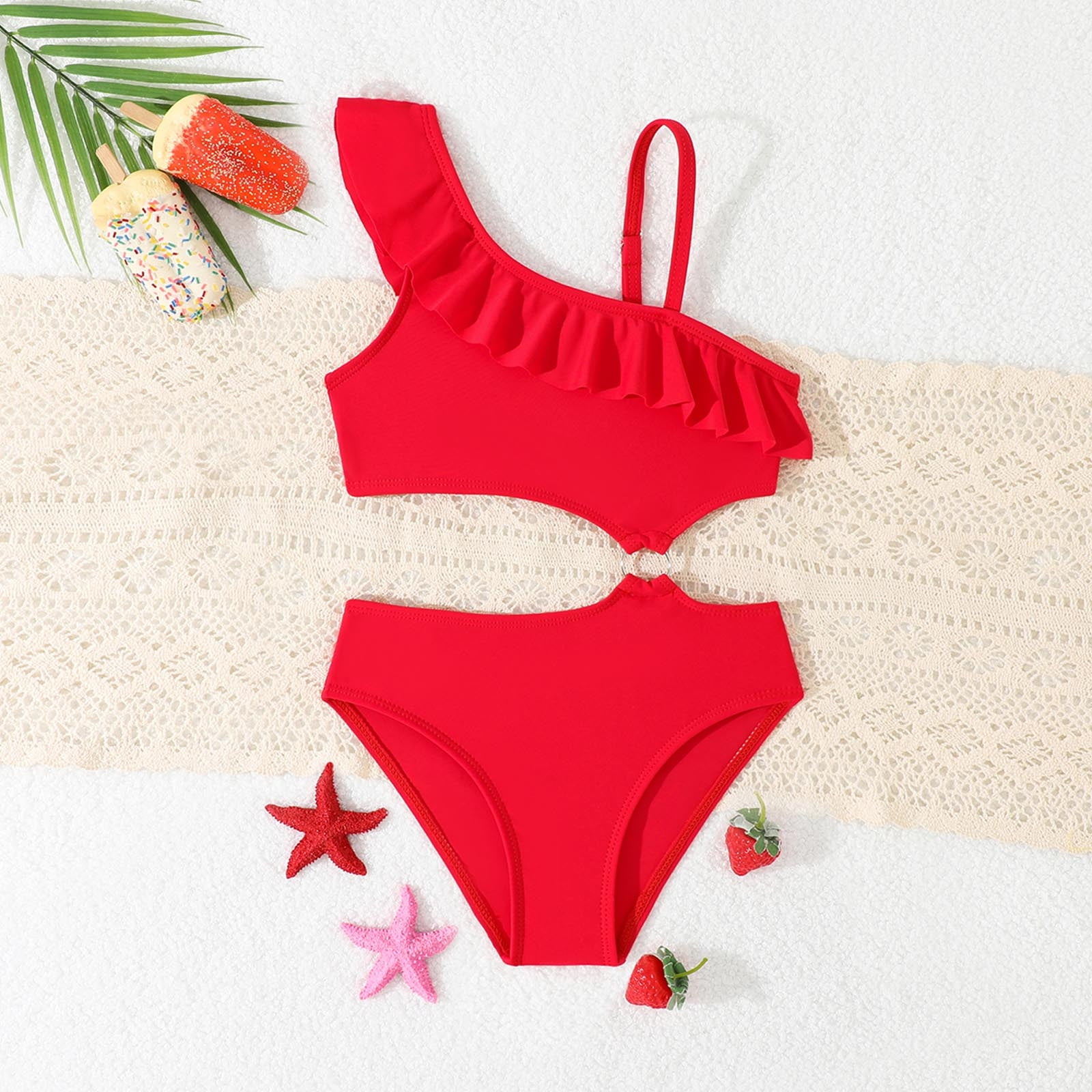hengsof Girls' One Piece Ruffled Solid Color Swimsuit Asymmetrical ...