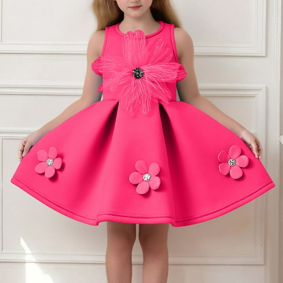 hengsof Girls Round Neck Dress Sleeveless Dress Sweet Three Dimensional ...