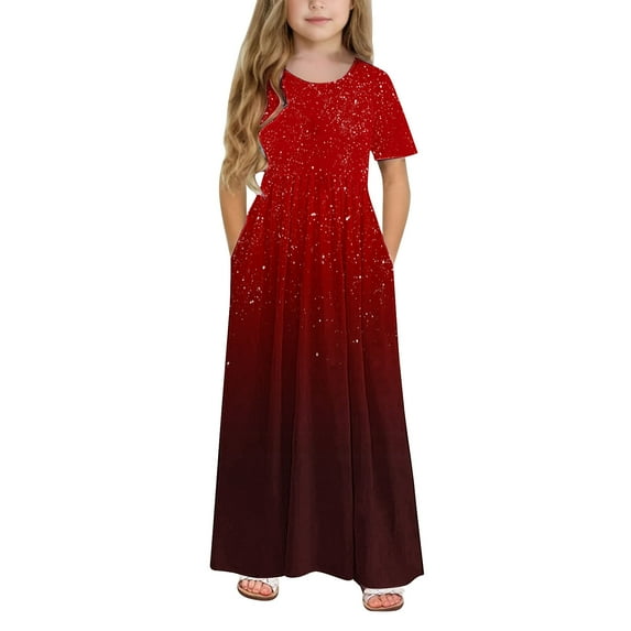 hengsof Girls' Short Sleeve Flowy Summer Pleated Dress Loose Casual ...