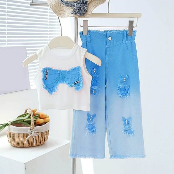 hengsof Girls' Sleeveless Vest Paired with Fashionable Ripped Jeans 2 ...