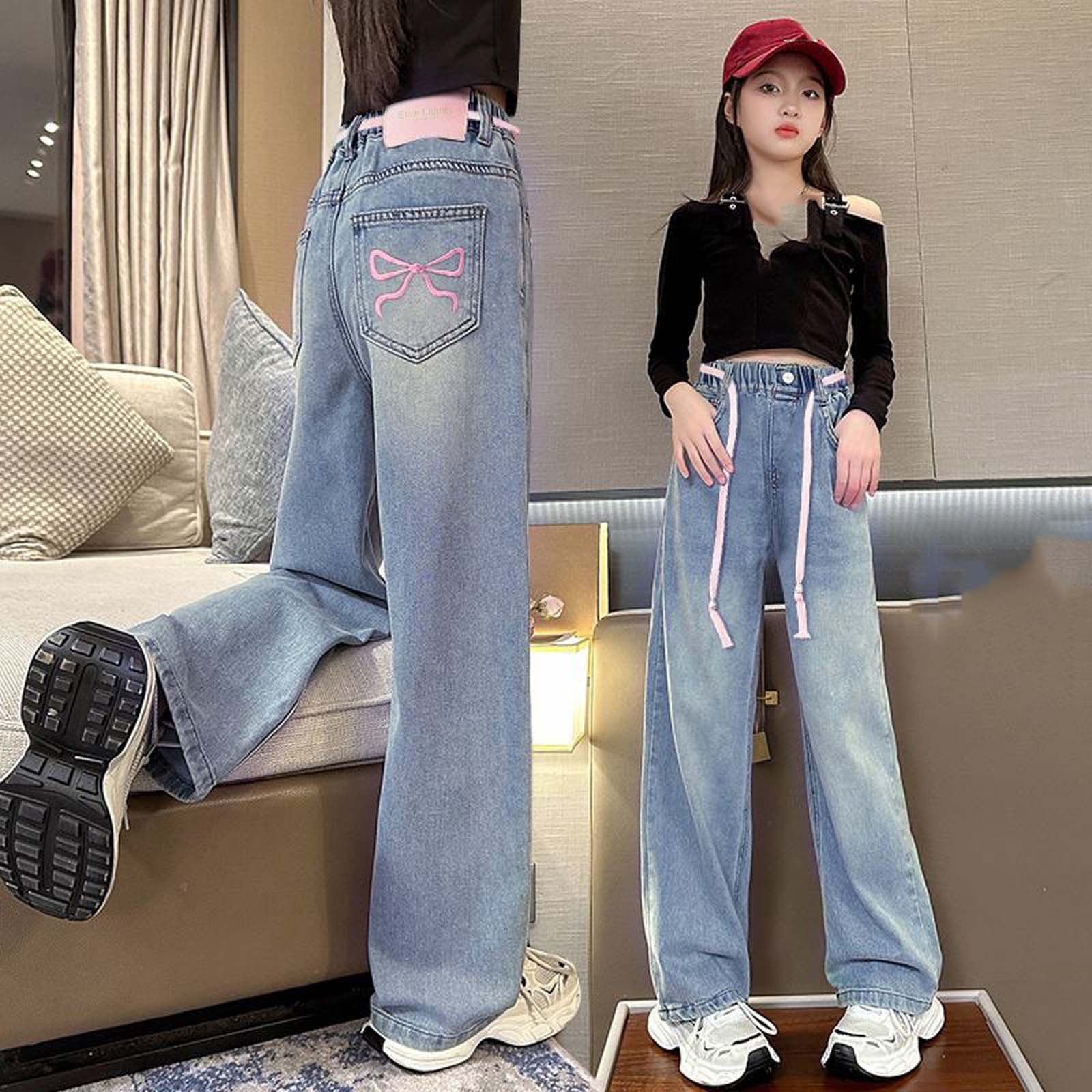 hengsof Girls Wide Leg Jeans for 4-15 Years Old Cute Embroidered Bow ...