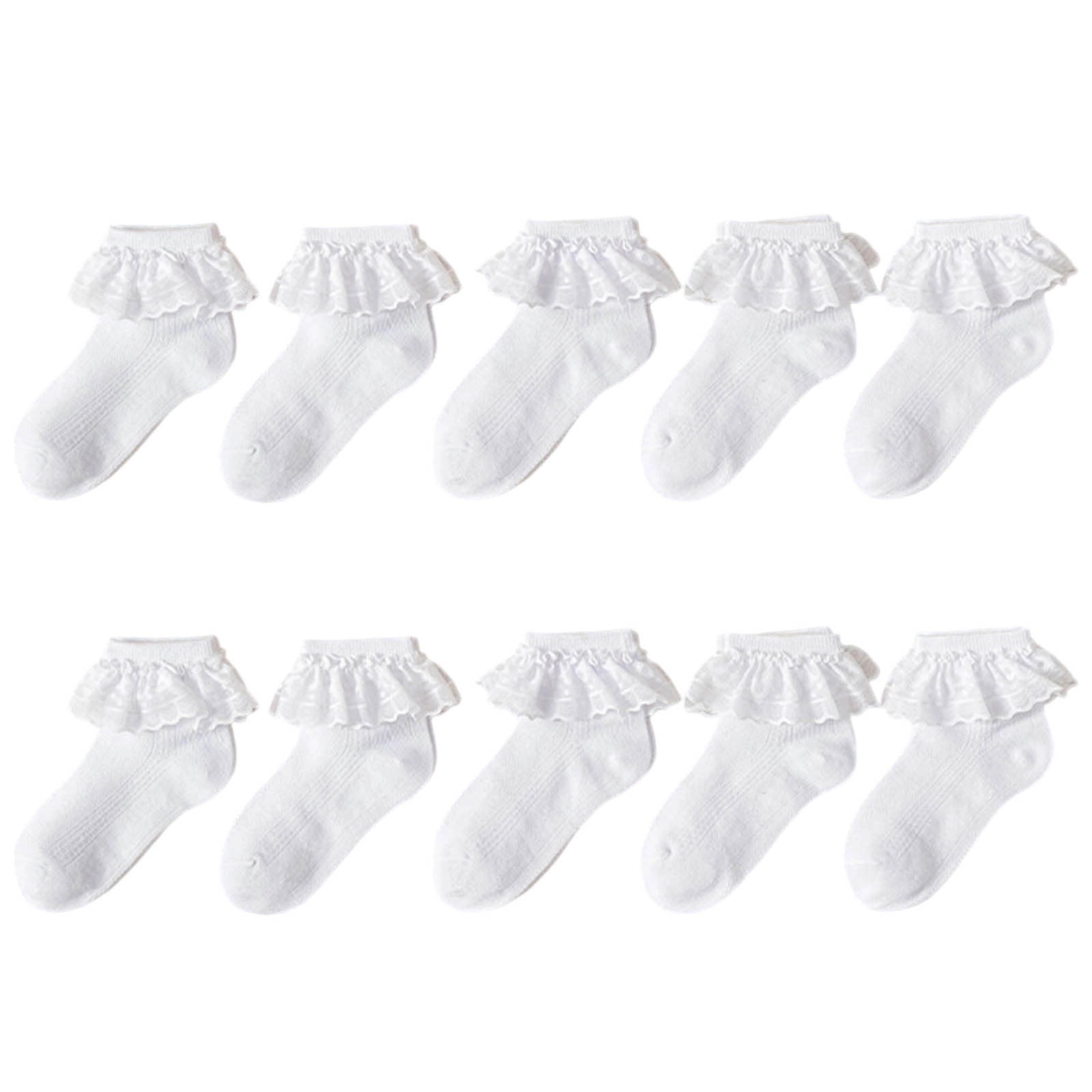 hengsof Kids 10 Pair Pack White Lace Edge Crew Socks, Solid Color ...