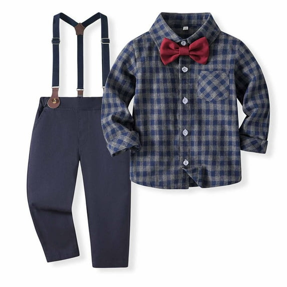 hengsof Kids Fashion Clothing Cute Plaid Bow Shirt Overalls Set Long ...