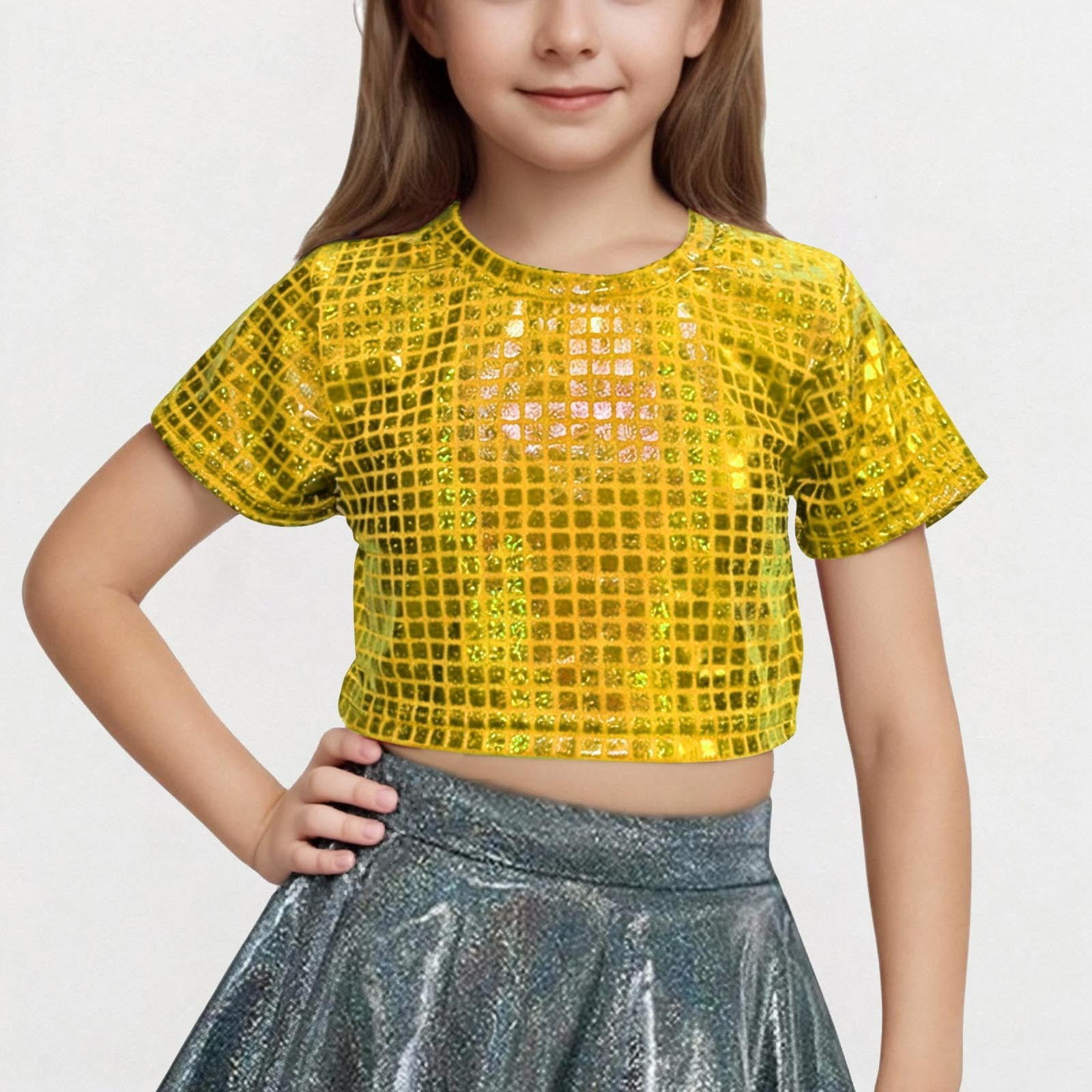 hengsof Kids Girls Glitter Metallic Short Sleeve Hip Hop Jazz Latin ...