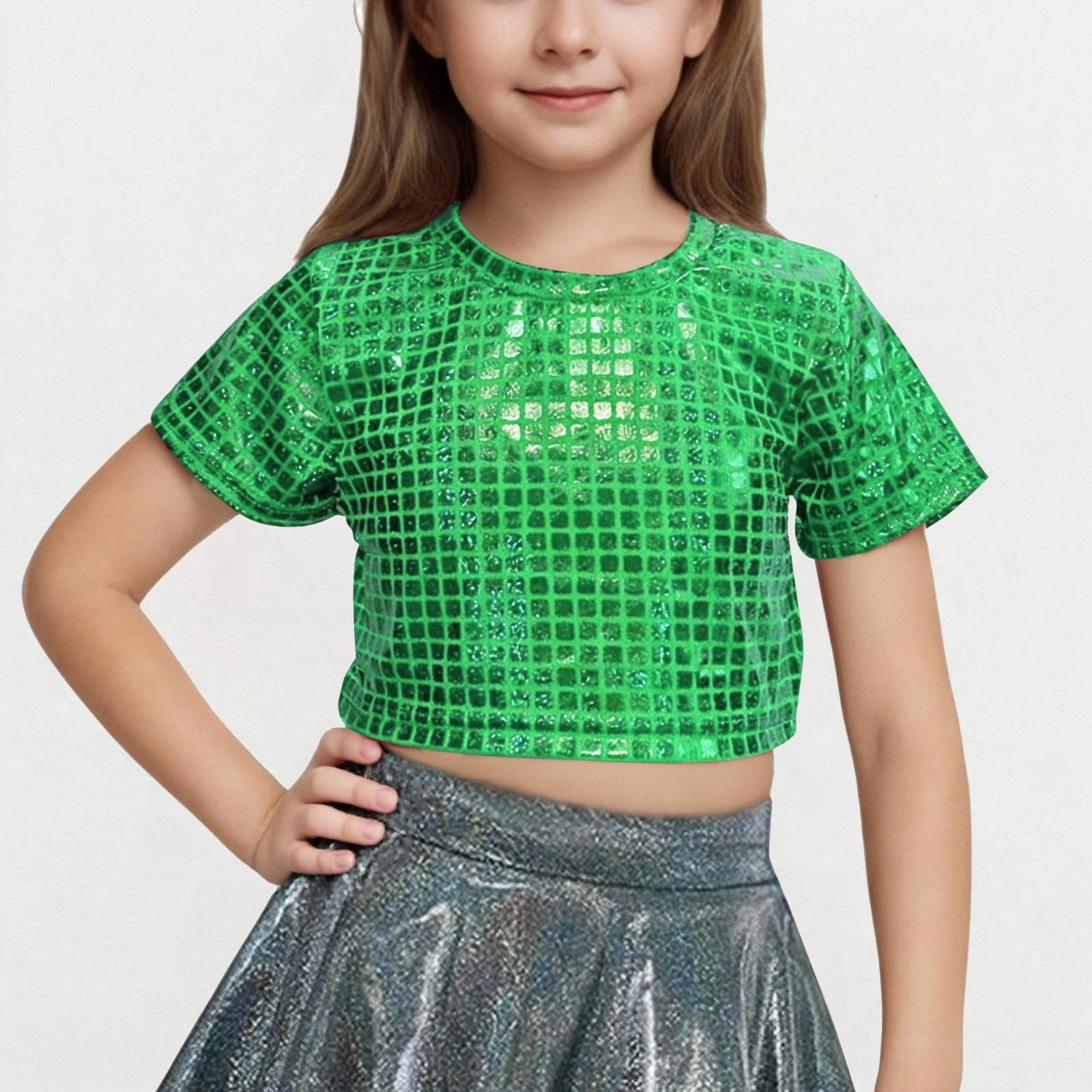 hengsof Kids Girls Glitter Metallic Short Sleeve Hip Hop Jazz Latin ...