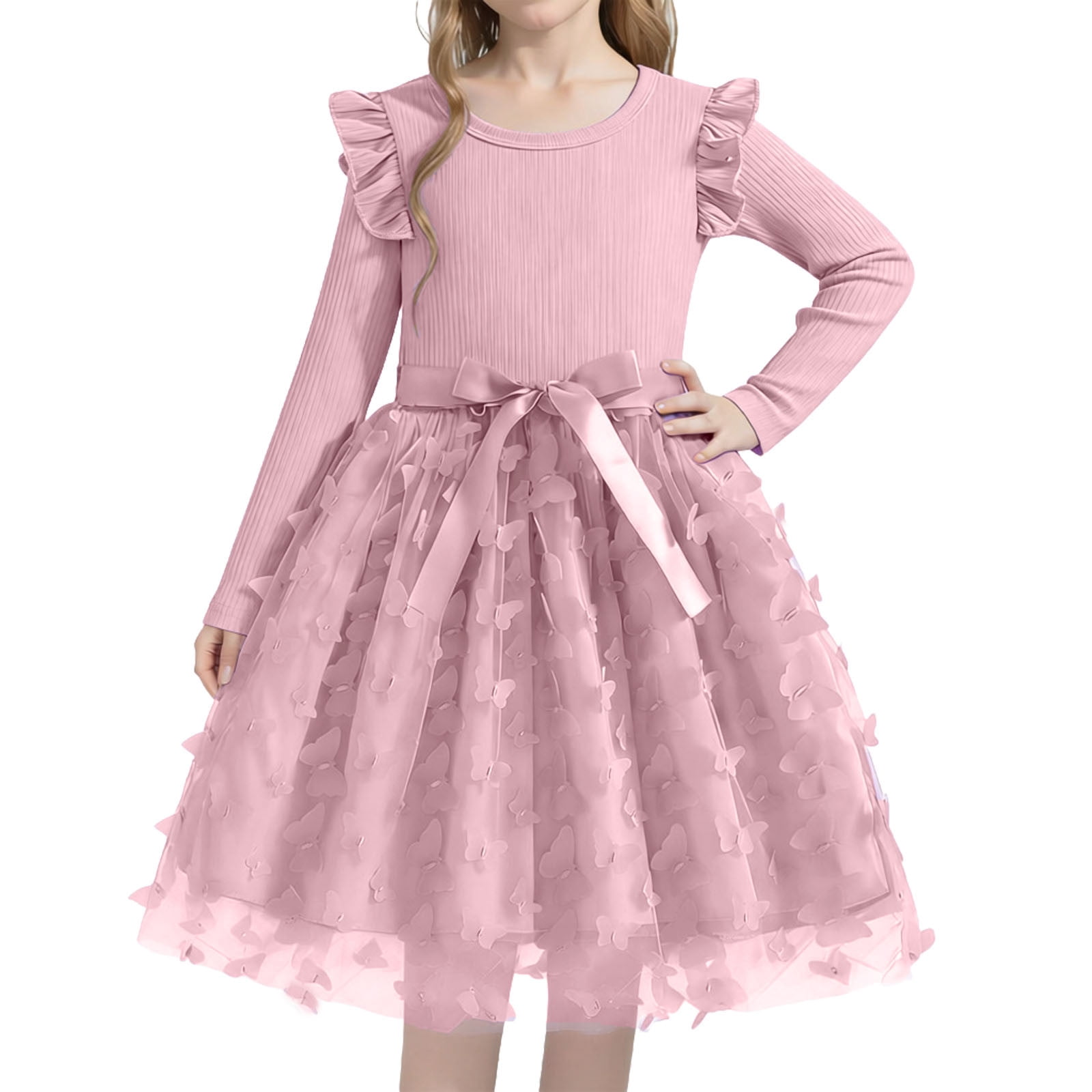 hengsof Layered Tulle Bow Accent Party Dress for Girls, Long Sleeve ...