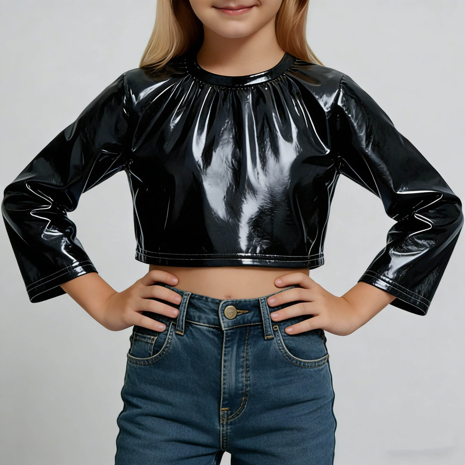 hengsof Metallic Dance Tops for Girls Long Sleeve Cropped Top Shiny ...