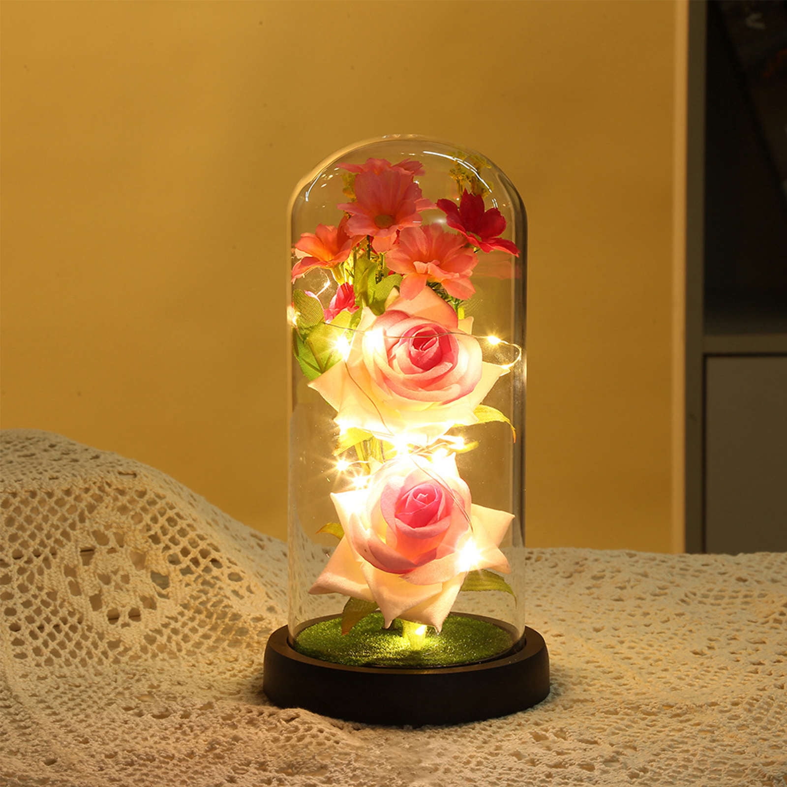 hengsof Rose Flowers Gifts for Women, Rose Bouquet in Glass Dome with ...