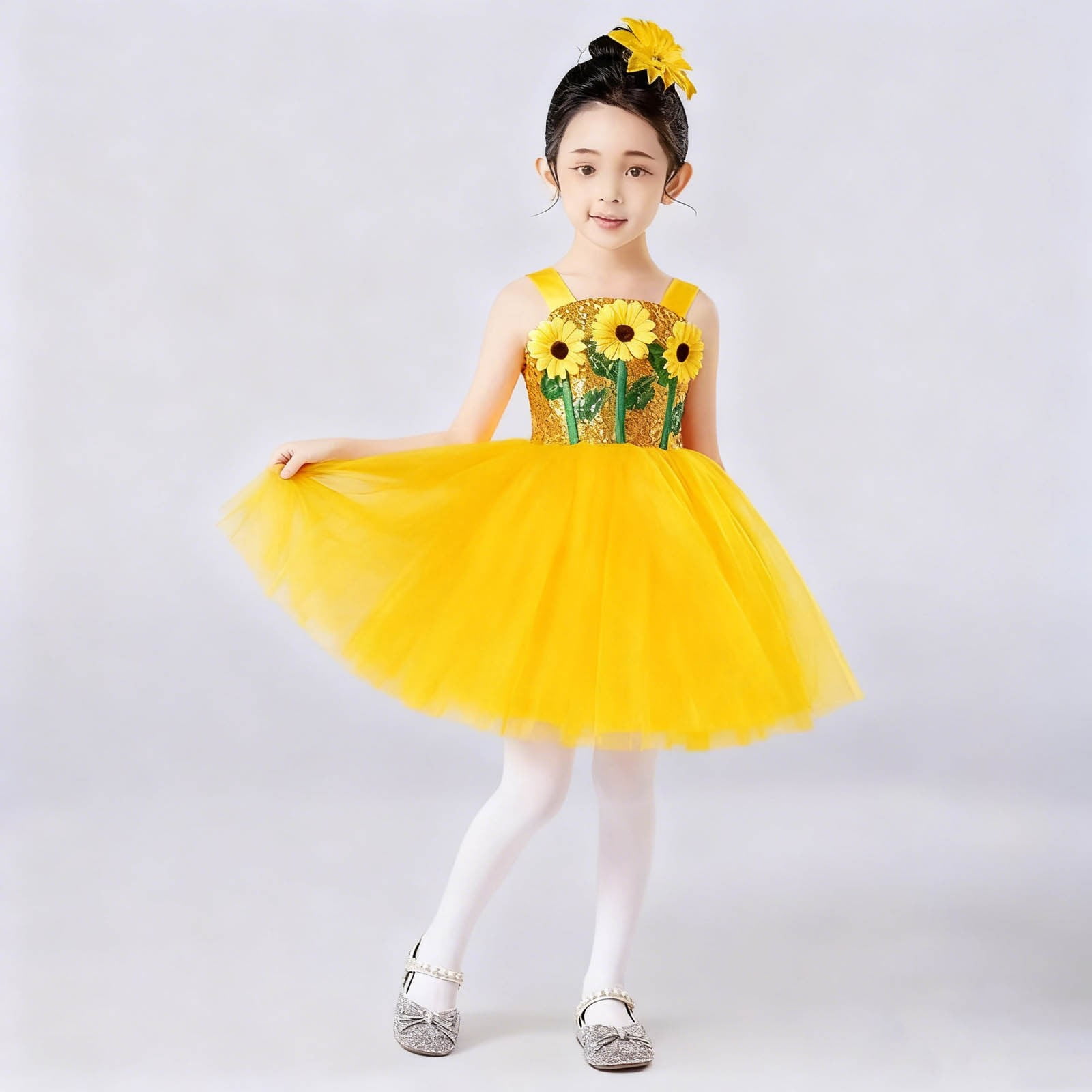hengsof Sunflower Sequin Strapless Tiered Dress for Girls, Mesh Party ...