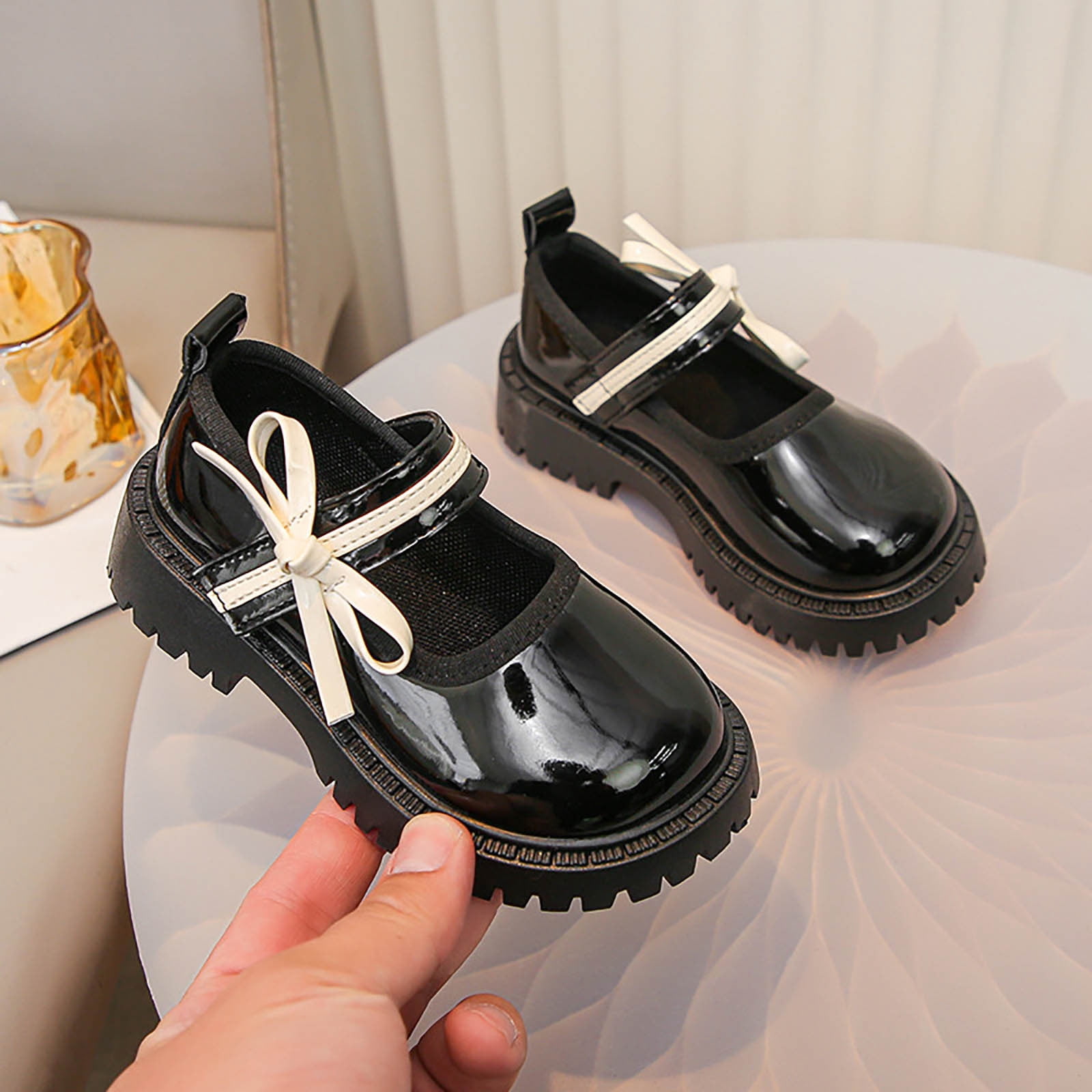hengsof Teen Girls School Shoes Solid Black Patent Leather Slip On ...