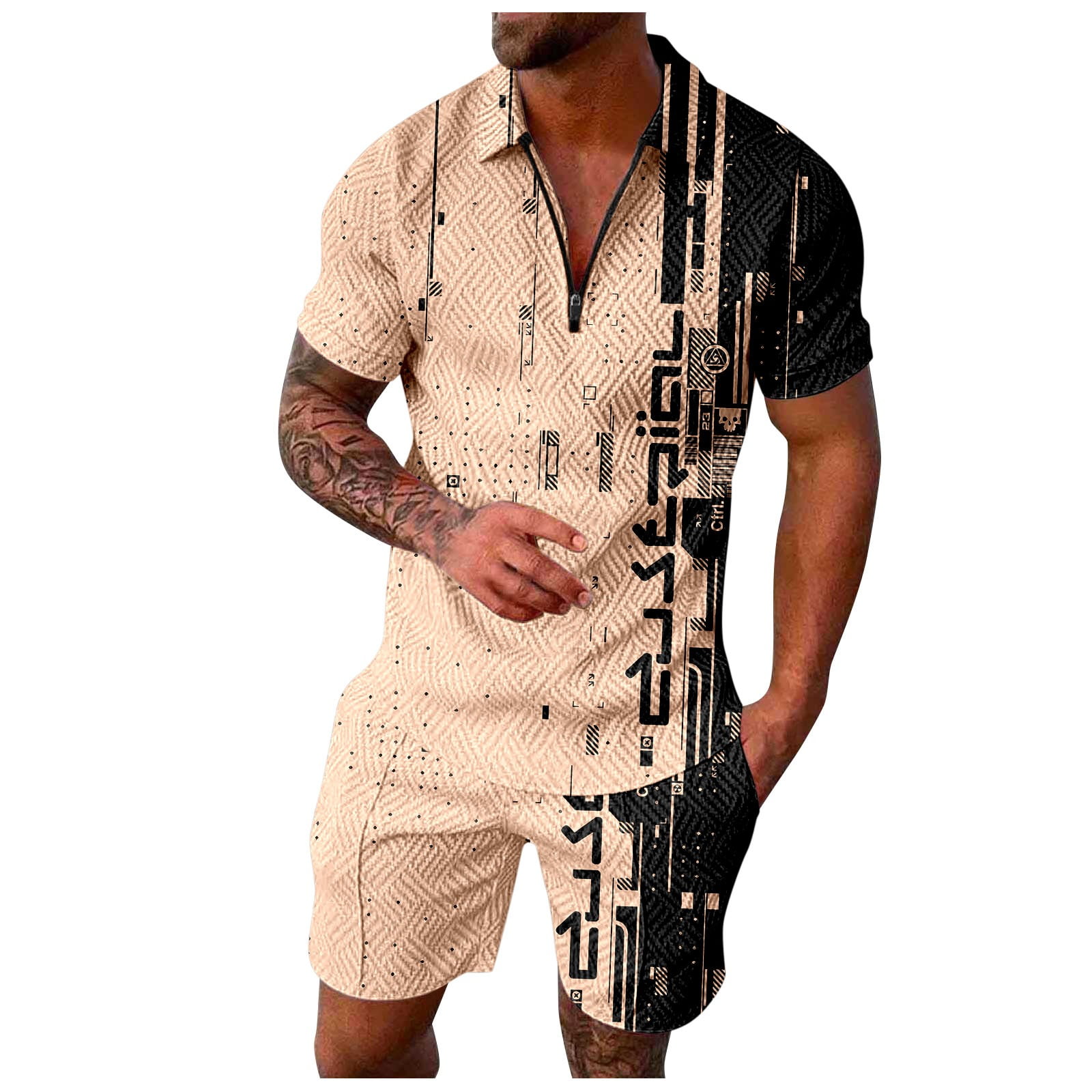 heyac Mens Outfits 2 Piece Printing Business Casual Wear Short/long Sleeve Streetwear 2-Piece ...