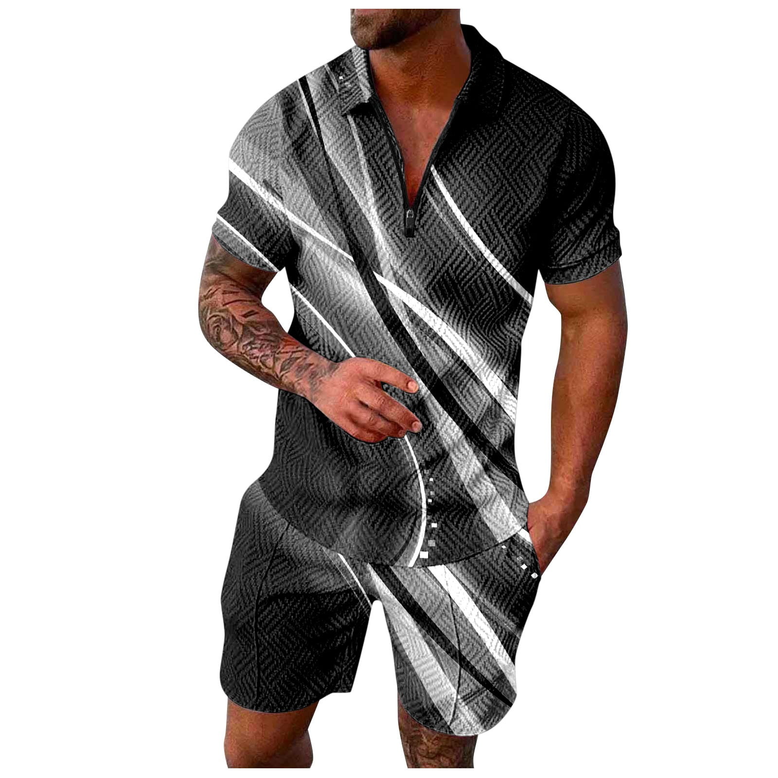 heyac Mens Shorts Sets 2 Piece Outfits Printing Polo Shirt and Stretch ...