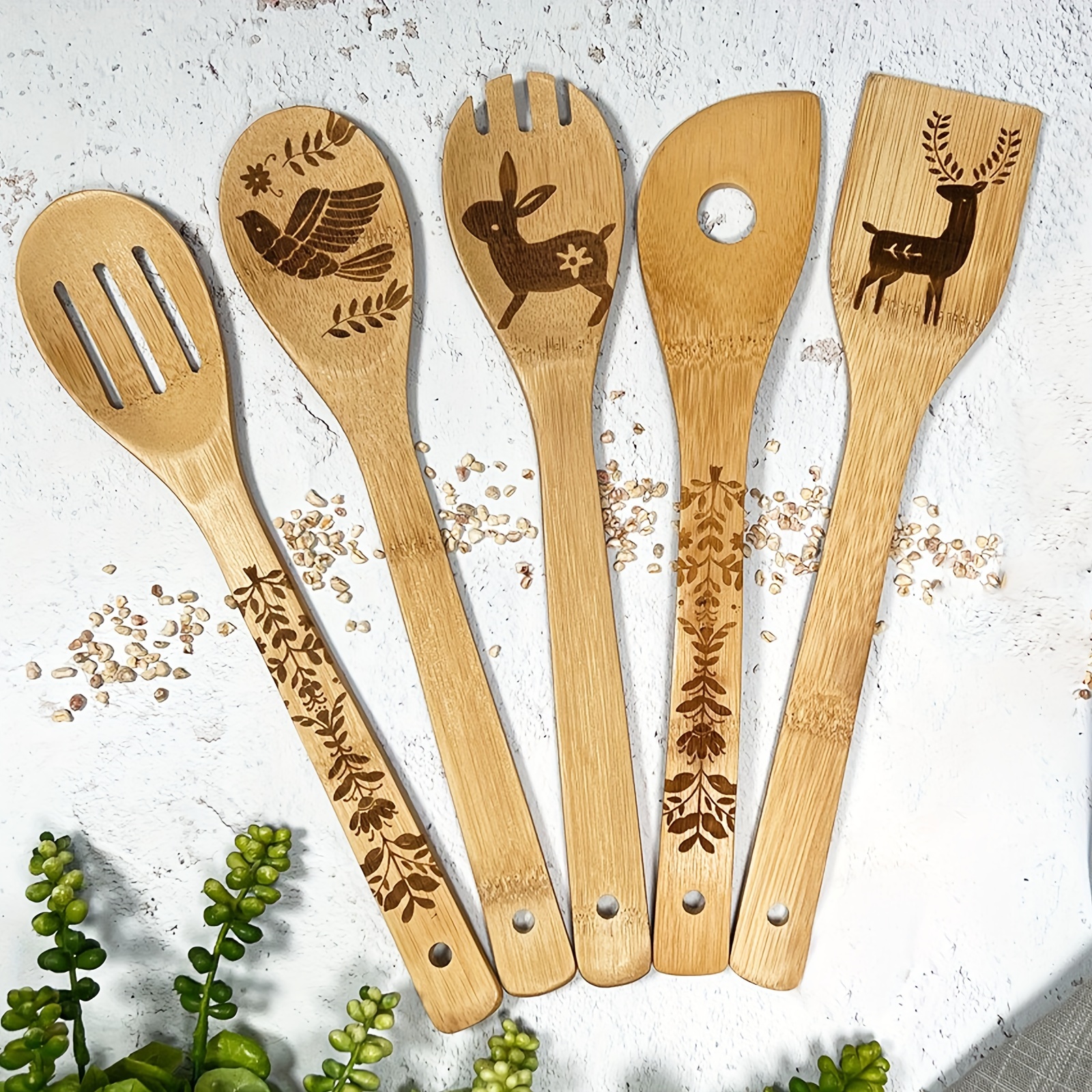 hghfhj 5pcs Wildlife Bamboo Wooden Spoons Set - Engraved with Wild ...