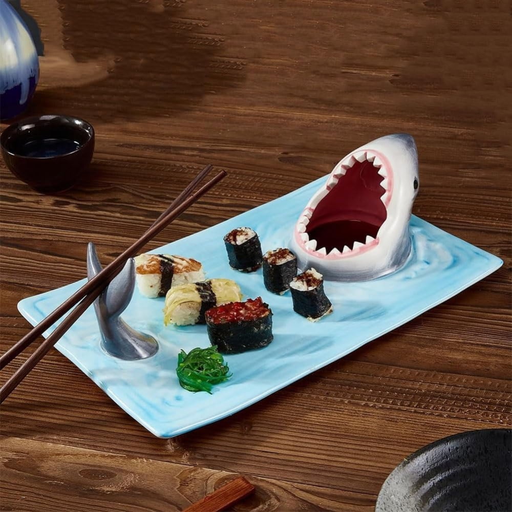 hghfhj Shark Attack Ceramic Sushi Plate with Soy Sauce Holder and ...