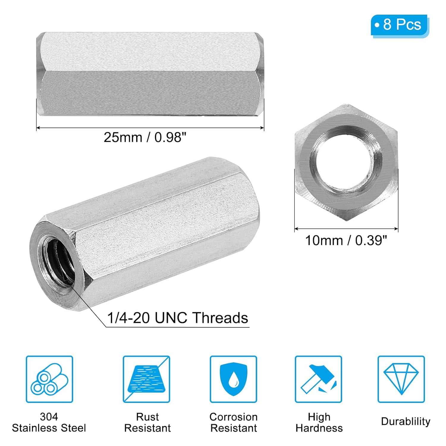hgudesign 1/4"-20 UNC 304 Stainless Steel Hexagonal Coupling Nuts, 8 ...