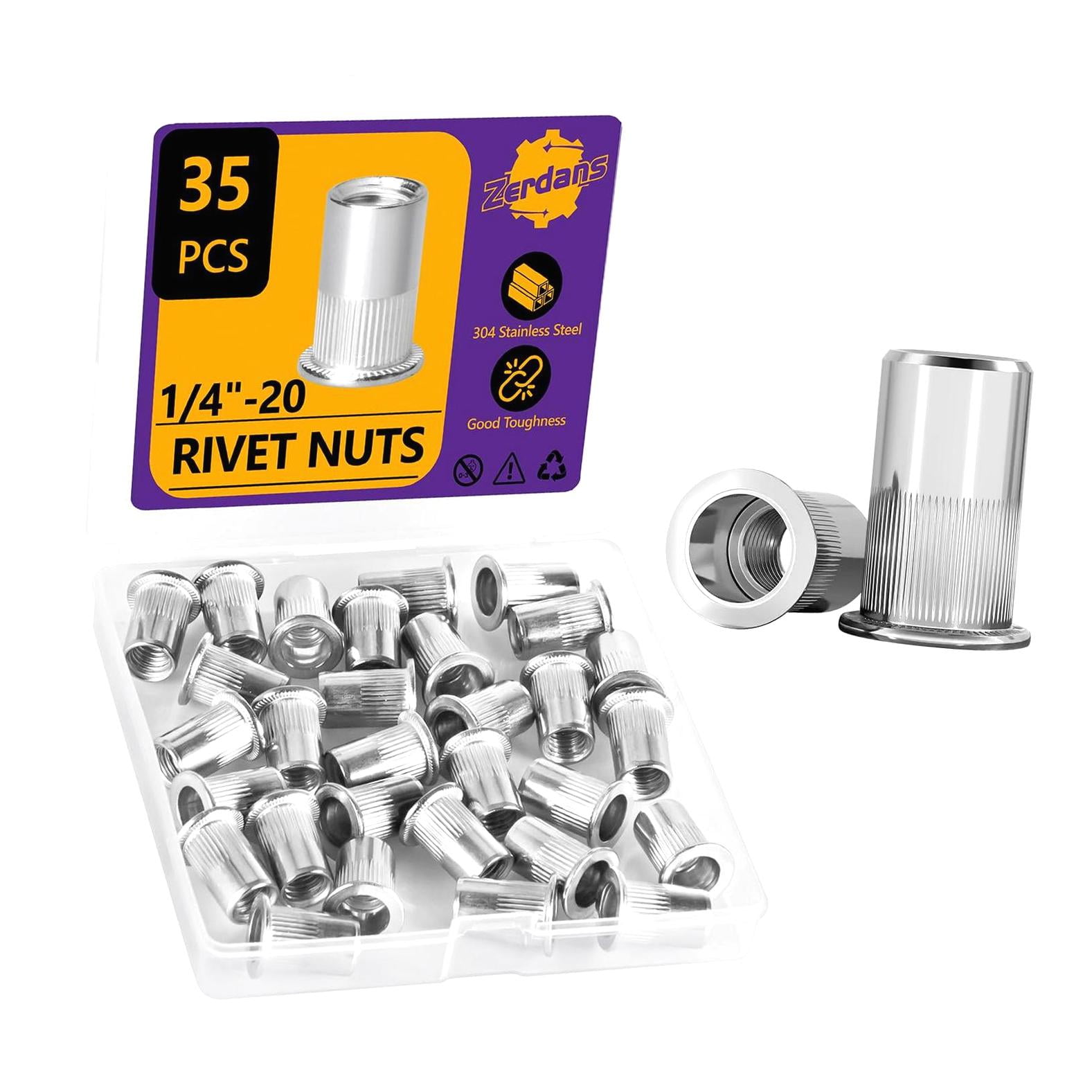 hgudesign 1/4"-20UNC Rivet Nut, 35PCS Rivnut Nutsert 304 Stainless Steel Rivets Flat Rivnut ...