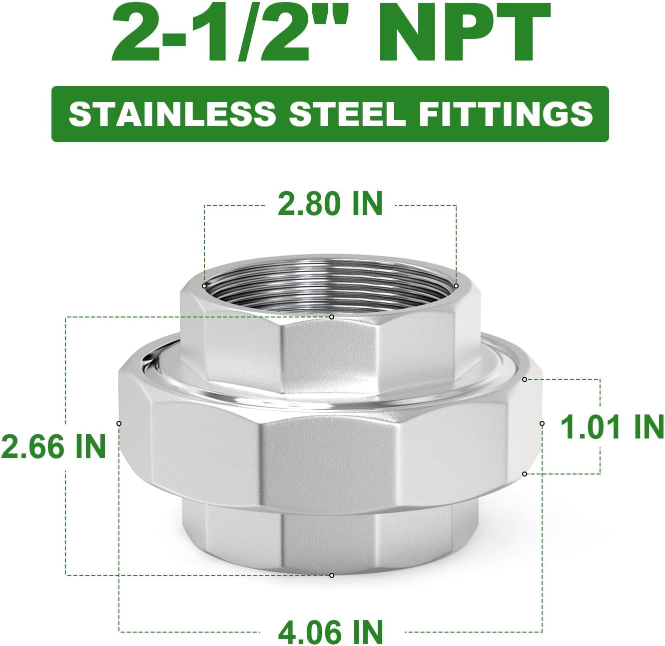 hgudesign 1 Piece 304 Stainless Steel Union, 2-1/2" NPT Female Threaded ...