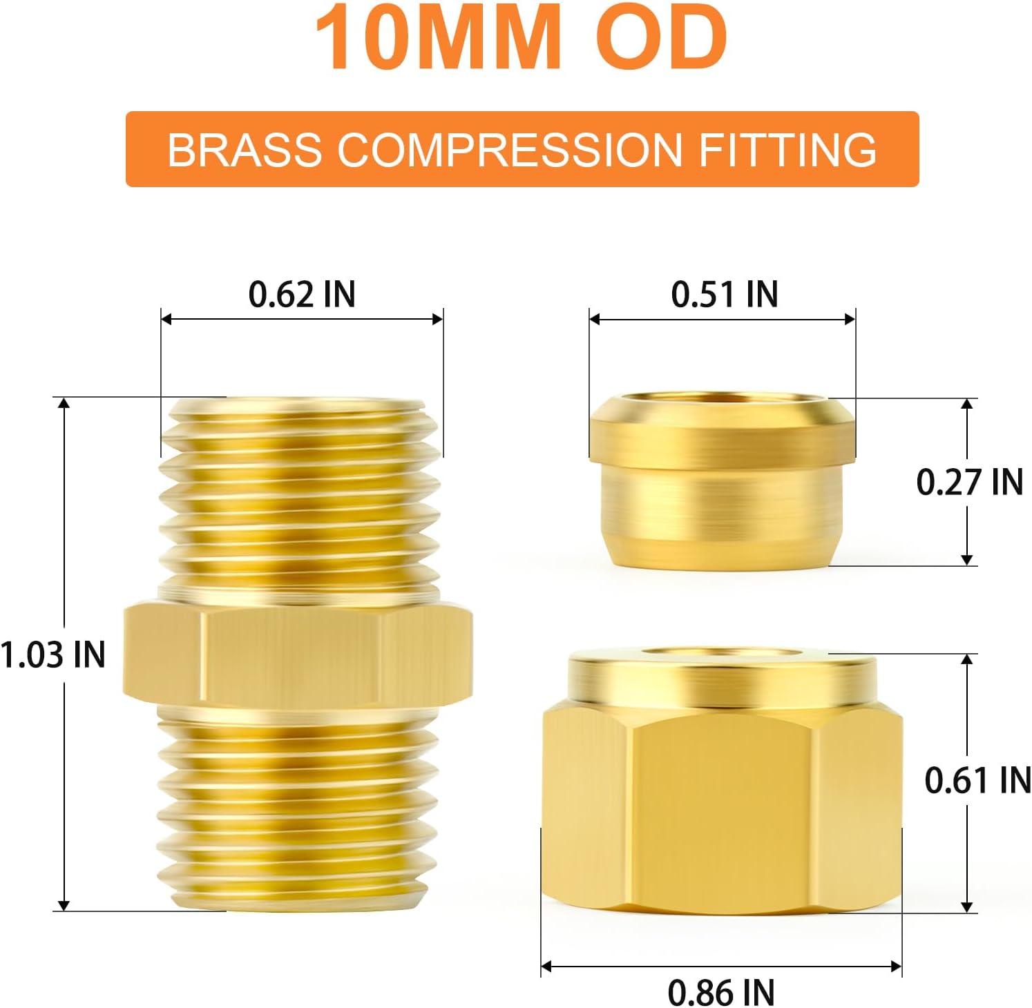hgudesign 10-Piece Compression Tube Pipe Fitting Connector, 10mm Tube ...