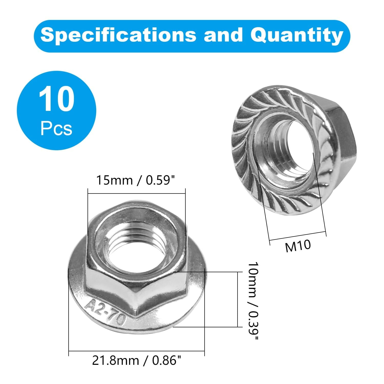 hgudesign 10 Pieces M10 x 1.5mm Serrated Flange Hex Nuts, 304 Stainless ...