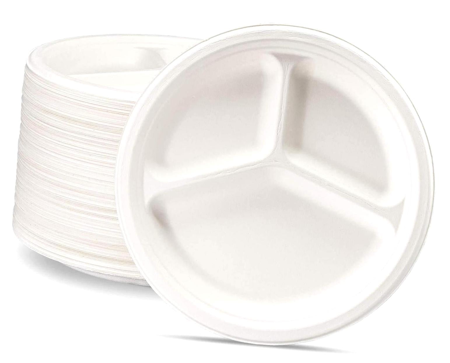 hgudesign 125 Pack 9 Inch Heavy-Duty White 3-Compartment Paper Plates ...