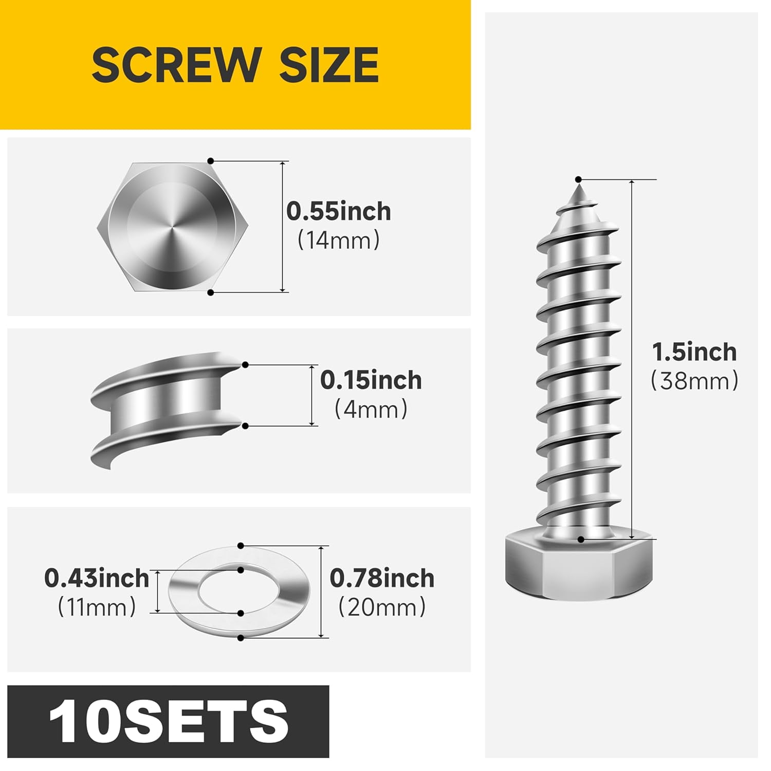 hgudesign (12Sets) 5/16" x 3" Hexagonal Lag Bolts, 304 Steel Screws ...