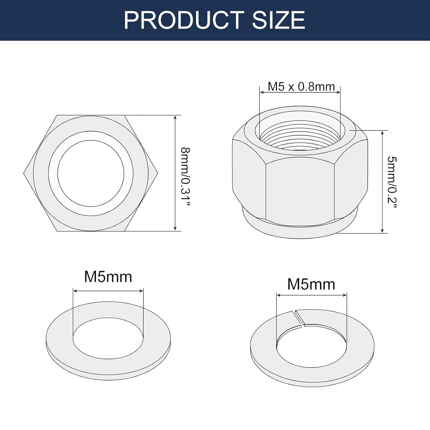 hgudesign 150Pcs M5 x 0.8 Nylon Insert Hex Lock Nut Kit, 304 Stainless Steel Lock Nuts with Flat ...