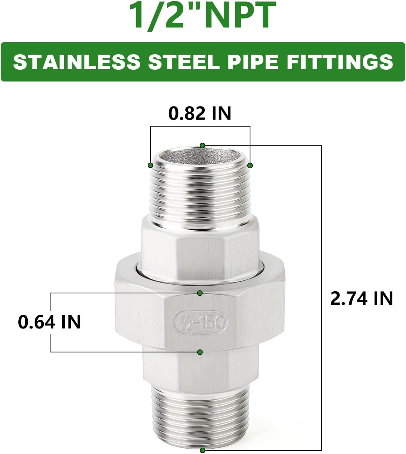 hgudesign 2 Pieces 304 Stainless Steel Union, 1/2" NPT Male to 1/2" NPT ...