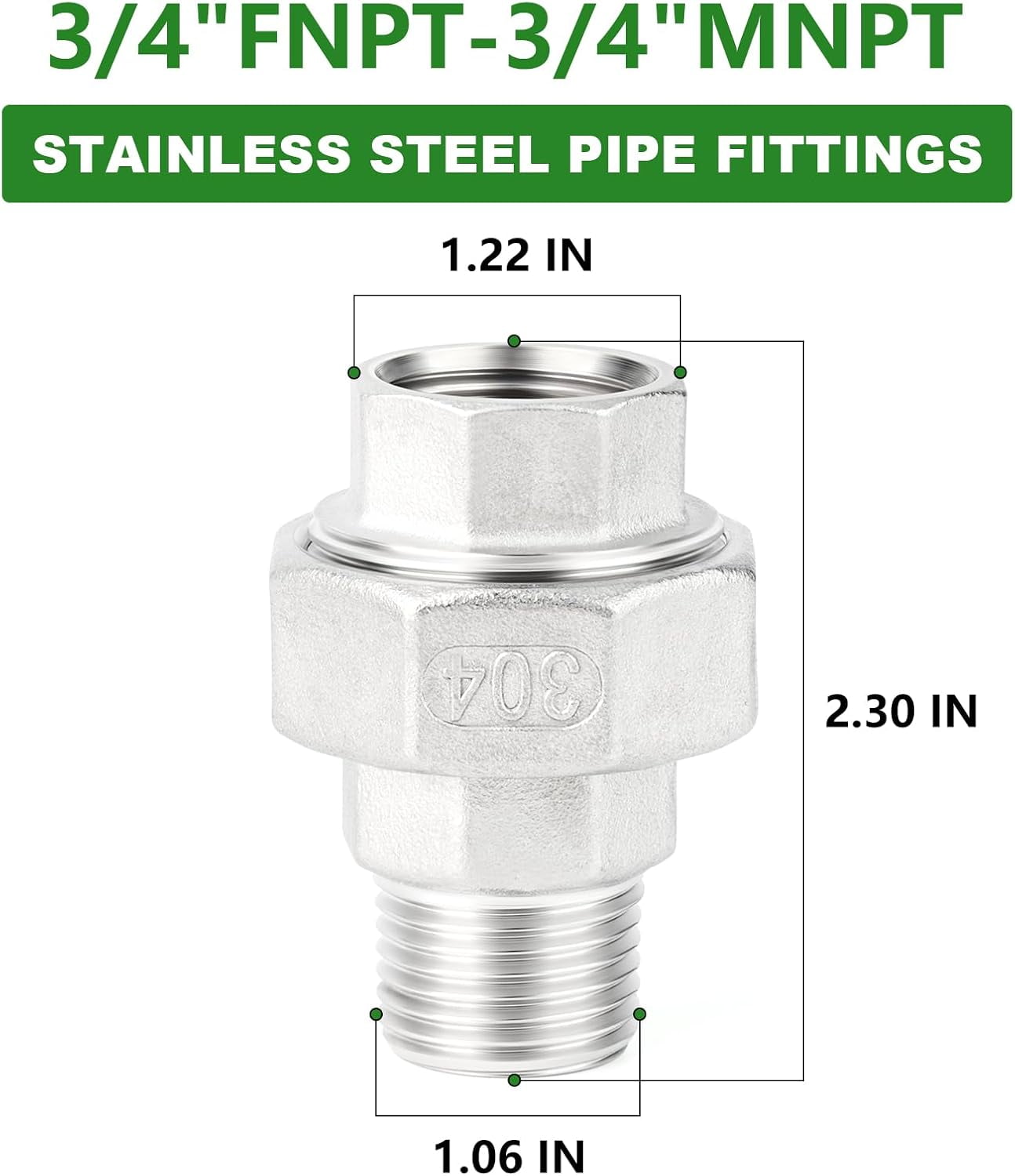 hgudesign 2 Pieces 304 Stainless Steel Union, 3/4" NPT Male to 3/4" NPT ...