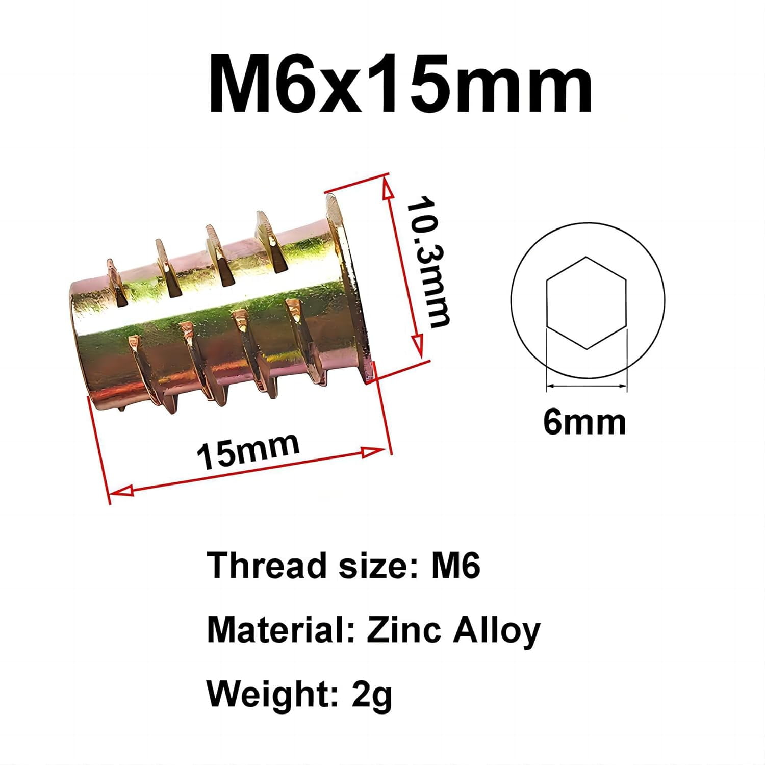 hgudesign 20 Pcs Zinc Alloy Threaded Insert Nuts, M6 x 15mm, Hex Socket Drive, Woodworking ...