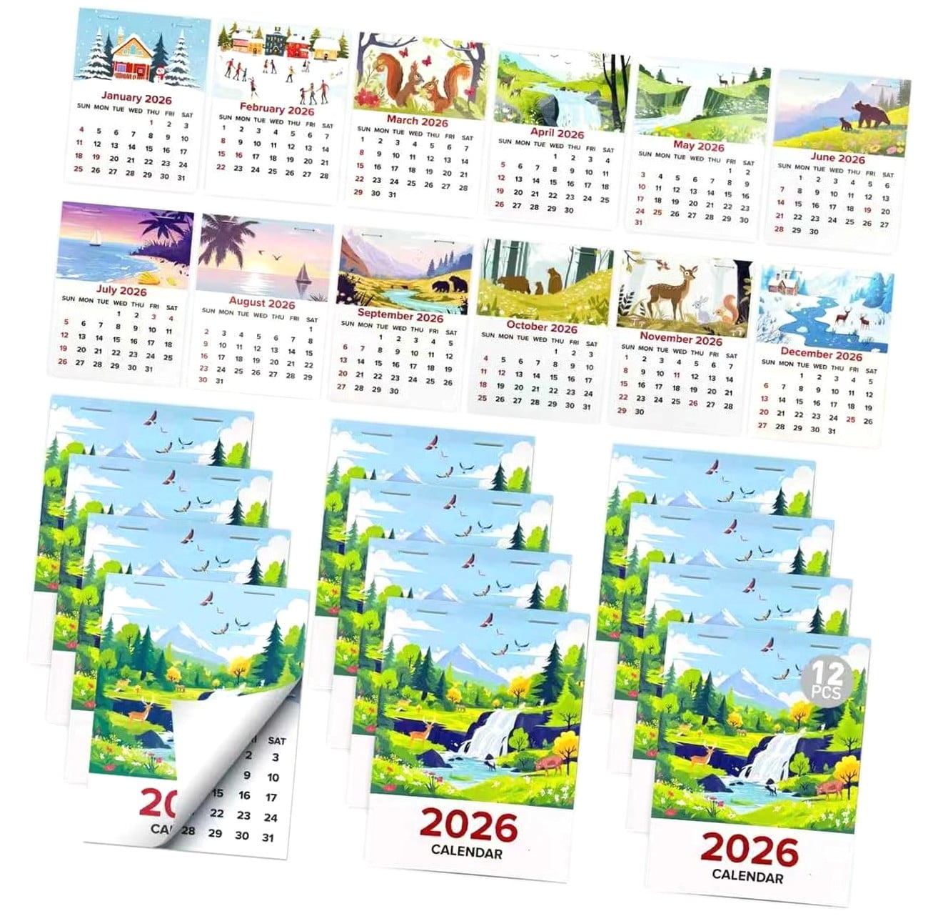 hgudesign 2026 Calendar 12-Pack Small and Stick Monthly Wall Calendars ...