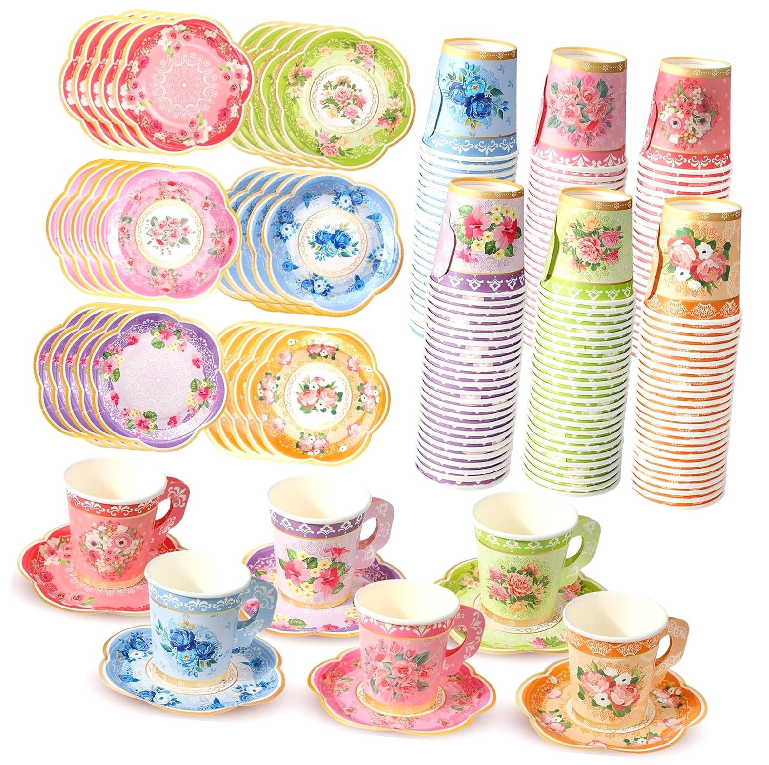 hgudesign 300 Pcs Floral Paper Tea Cups and Saucers 7 OZ Tea Cups with ...