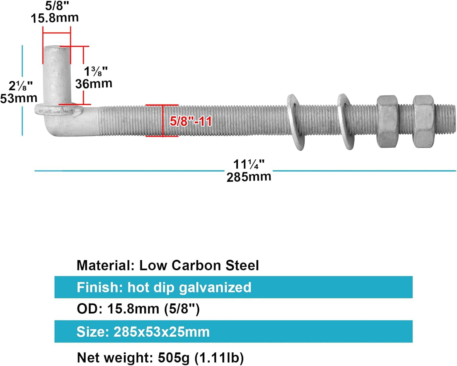 hgudesign 4 Pack 7" J-Bolt Gate Hinges with 1/2"-13 Threaded Male Pin ...
