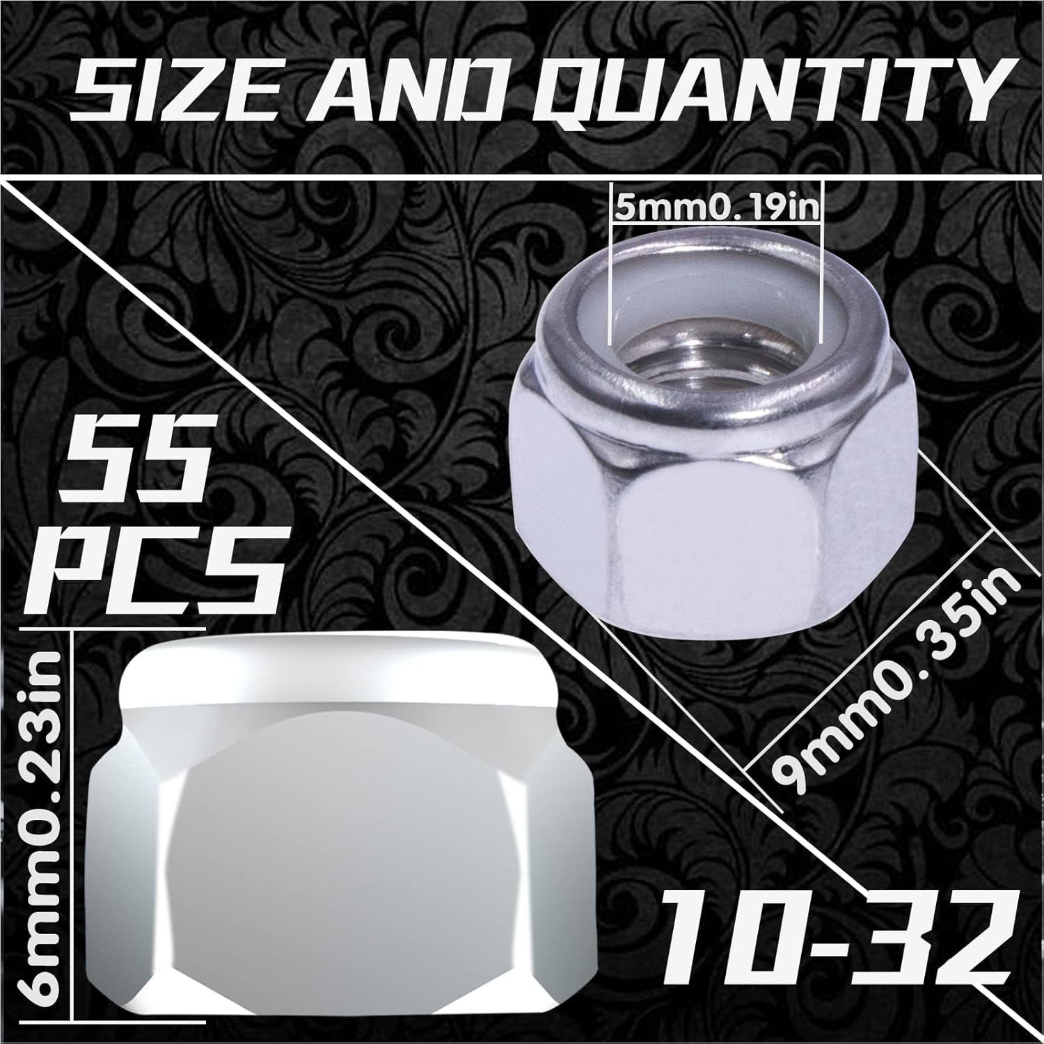 hgudesign 55pcs #10-32 Hex Lock Nuts, Stainless Steel Locknuts with Nylon Insert, Hex Drive, 304 ...