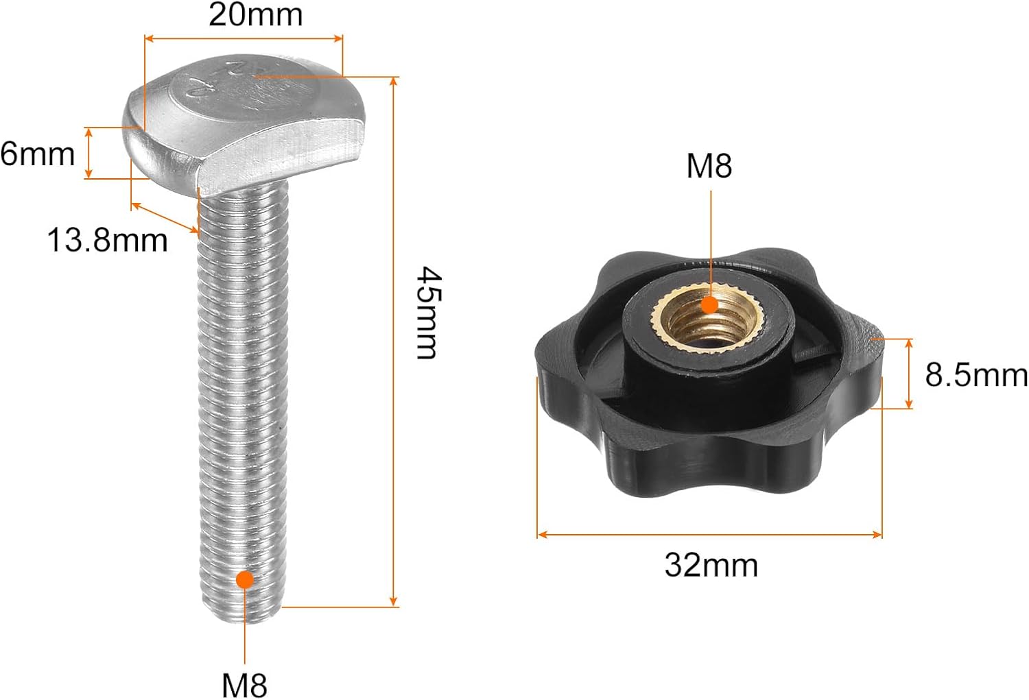 hgudesign 5Set T Track Bolts Knob Kit M8 x 100mm Threaded Bolts M8 x ...