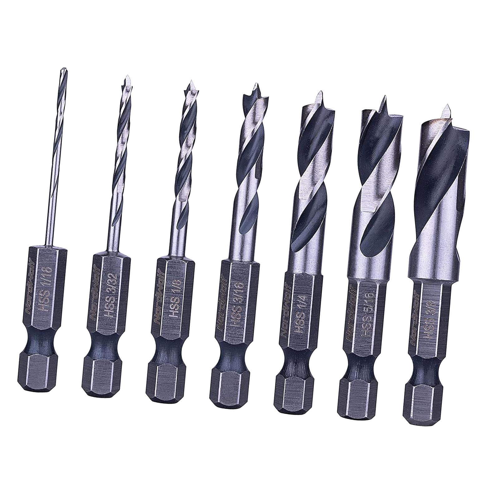 hgudesign 7-Piece HSS Brad Point Stubby Wood Drill Bit Set, with 1/4" Hex Shank for Carpenter ...