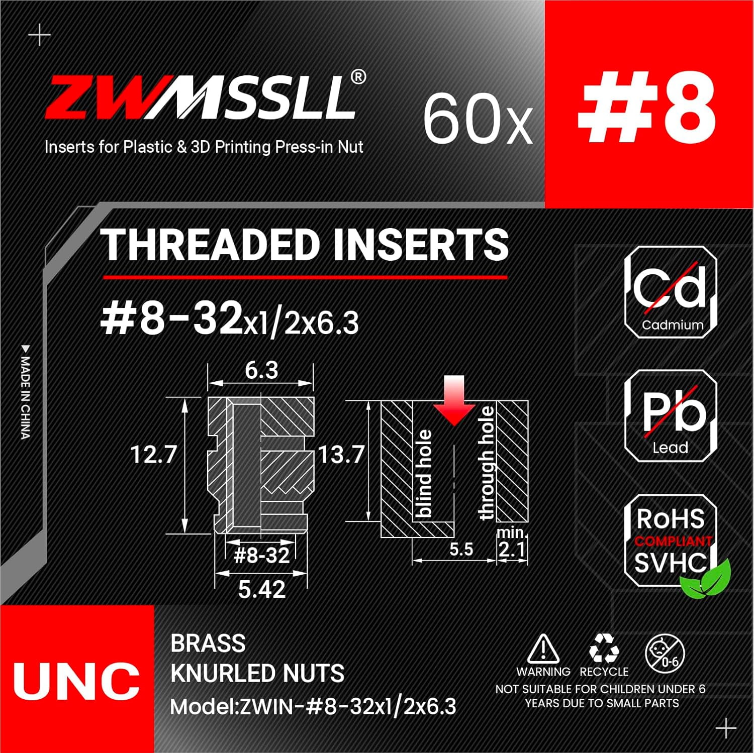 hgudesign 8#-32 Threaded Inserts-60 Pieces 8#-32x1/2x6.3 Heat-Set ...