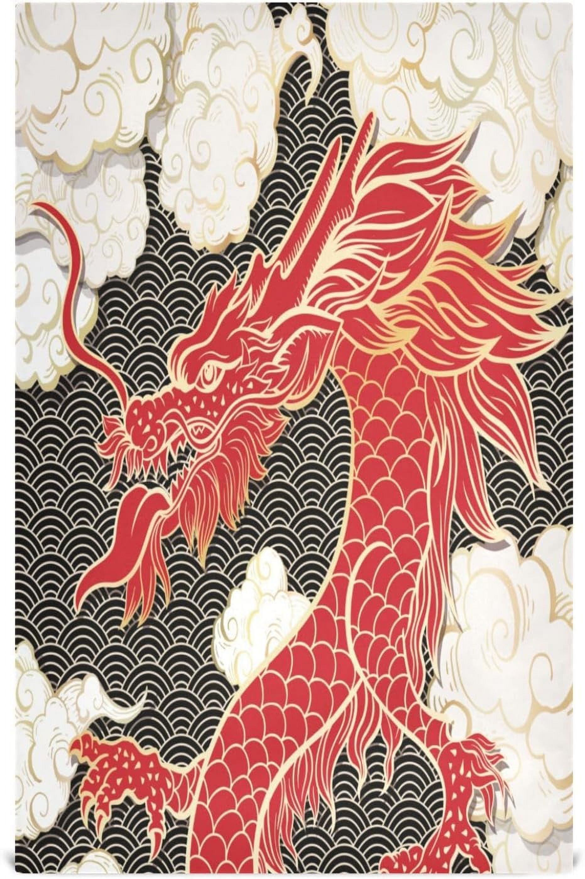 hgudesign Chinese Dragon Kitchen Dish Towel Set of 1, Hand Drawn Clouds ...