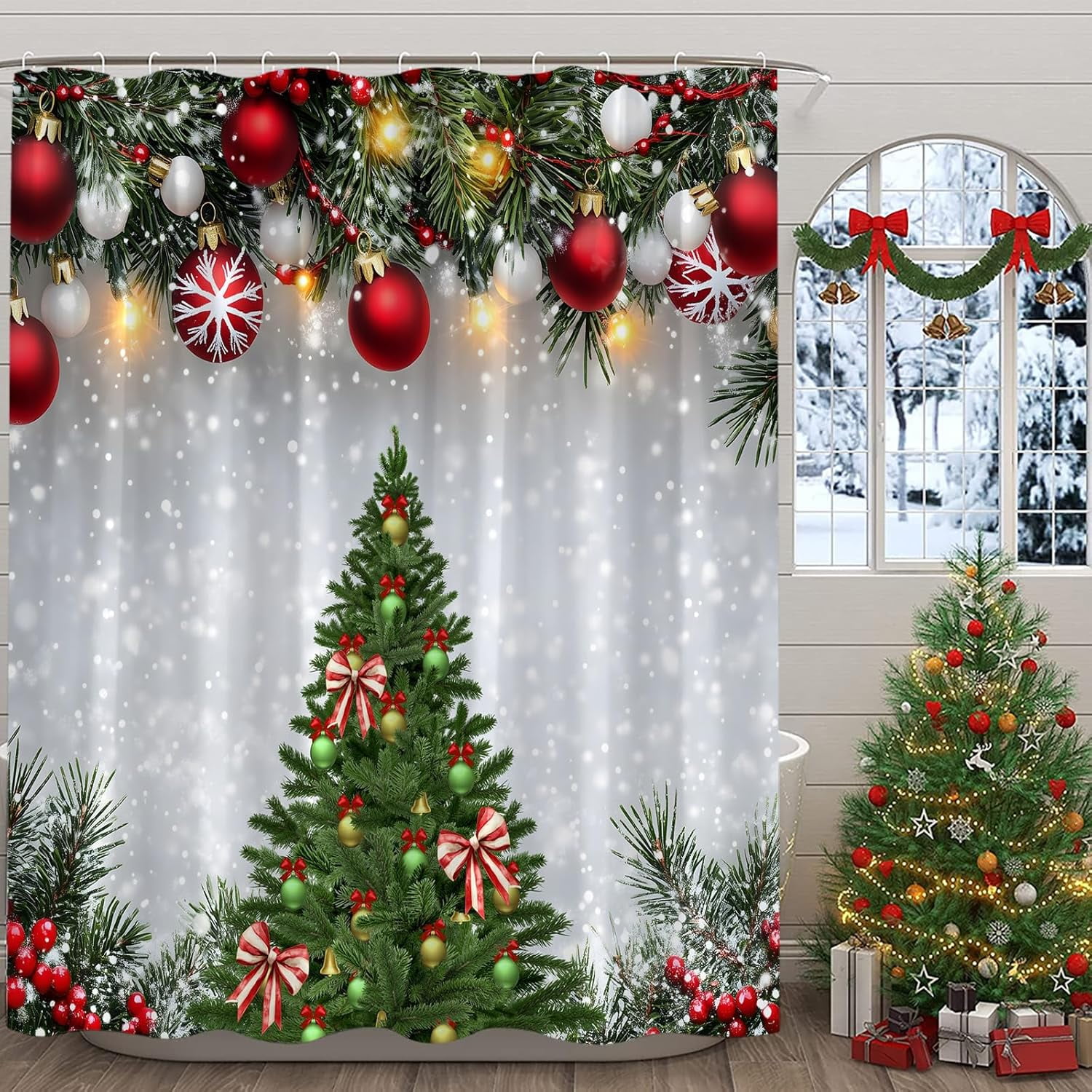 hgudesign Christmas Tree Shower Curtain, Xmas Snowflake Winter Holiday ...