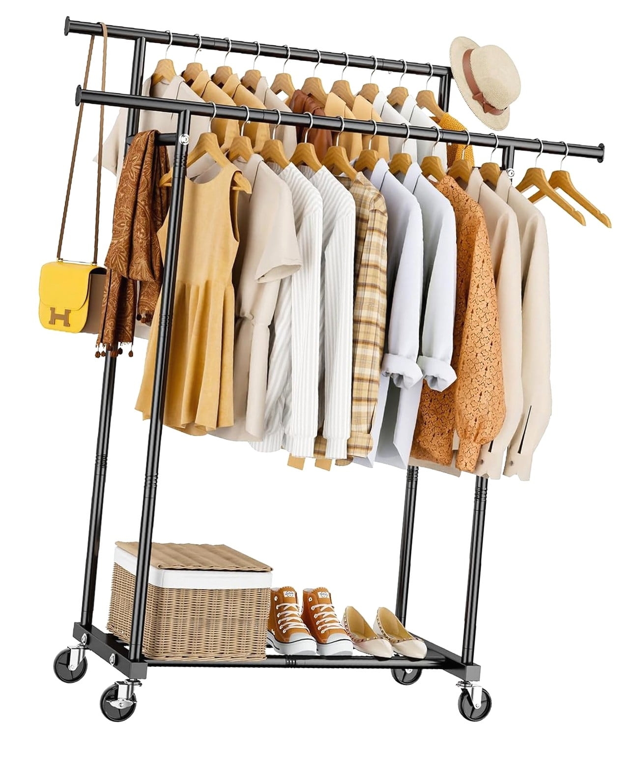 hgudesign Double Rods Clothes Rack, Sturdy Rolling Clothing Rack ...